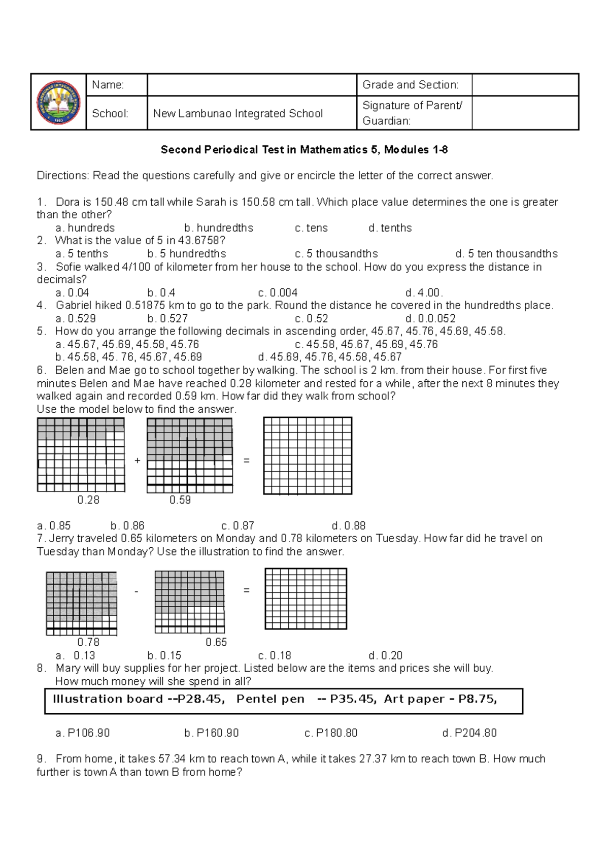 Math 5 Q2 Test - ExampleTest - Name: Grade and Section: School: New ...