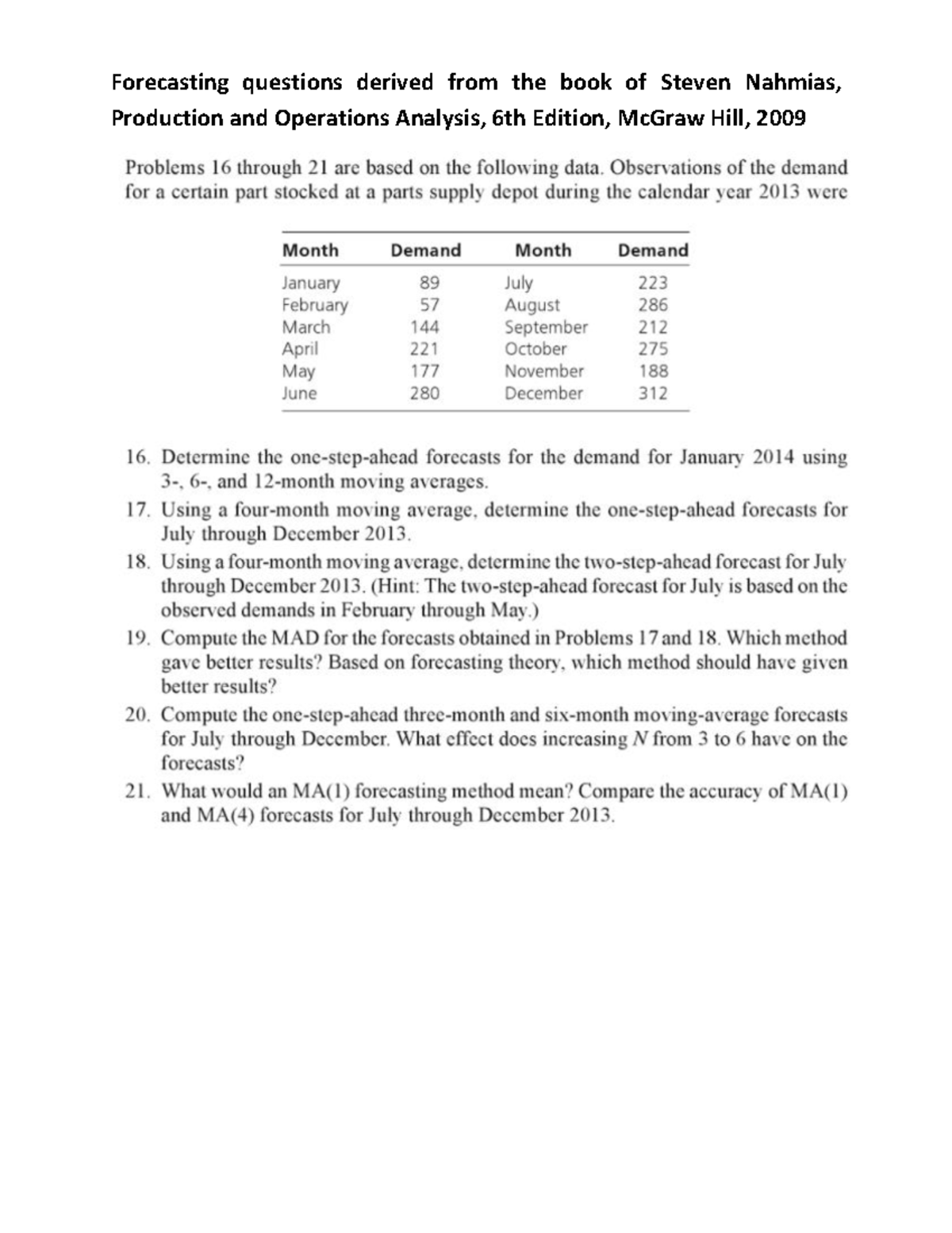 Forecasting Study Questions - Forecasting questions derived from the ...