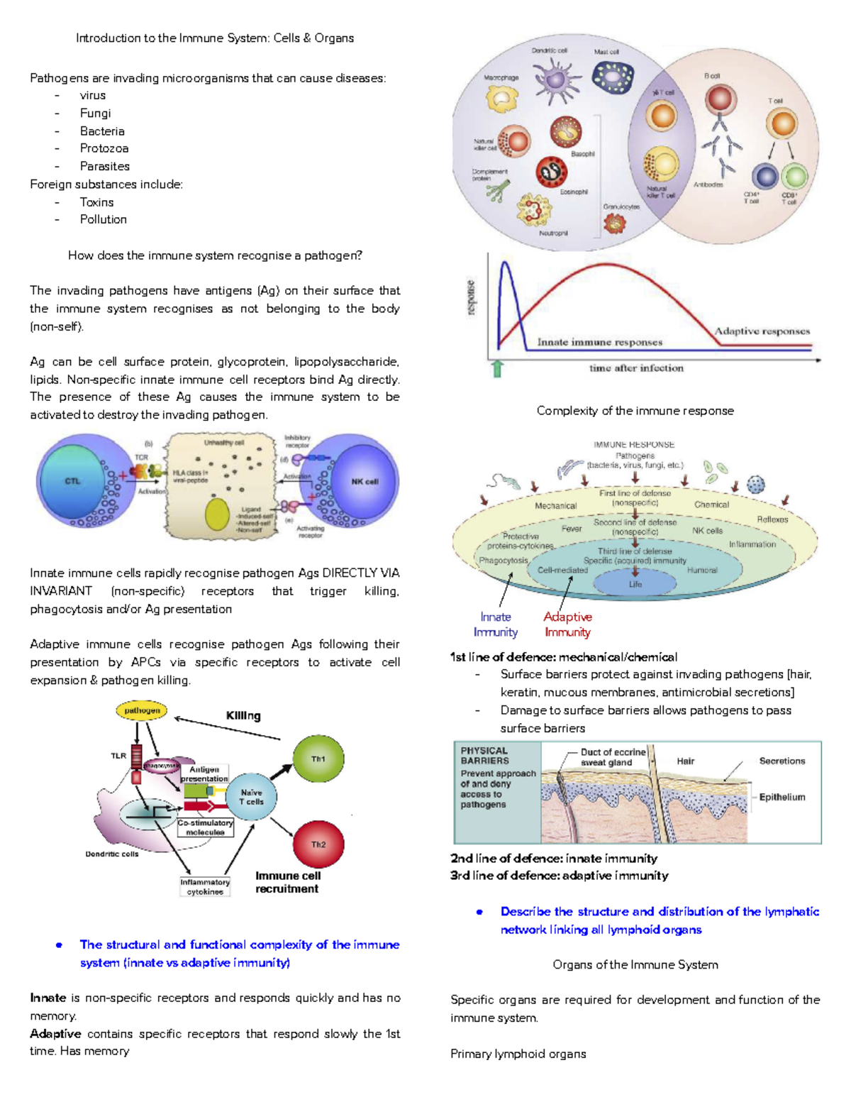 Immunology 1 Notes - Introduction to the Immune System: Cells & Organs ...