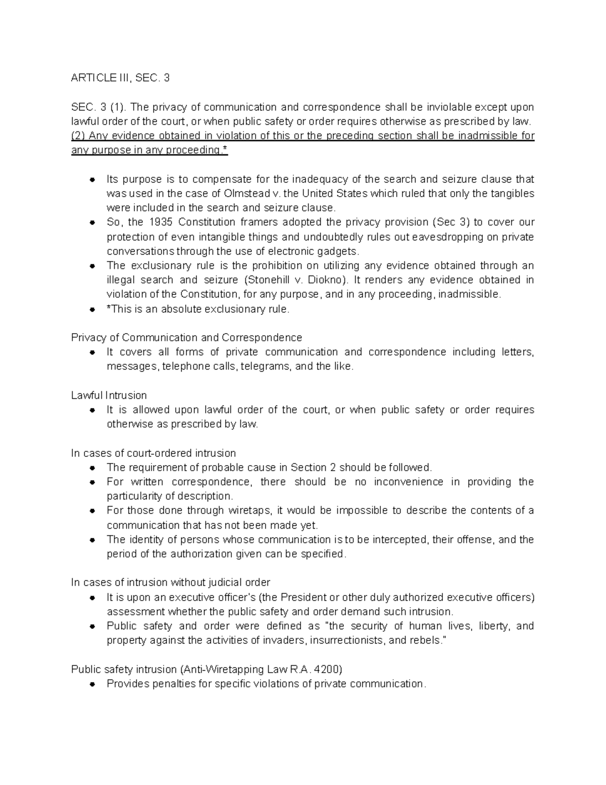 Bill of Rights - ARTICLE III, SEC. 3 SEC. 3 (1). The privacy of ...