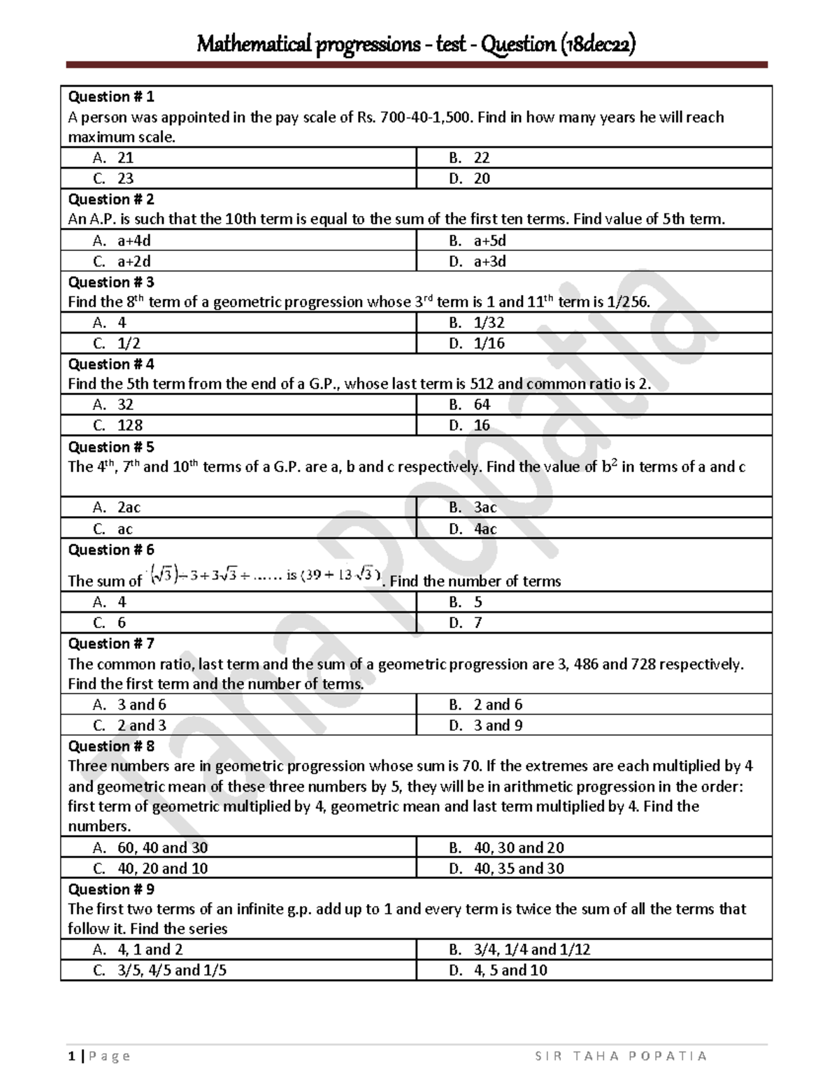 Mathematical progressions - test - questions - 18th december 2022 ...