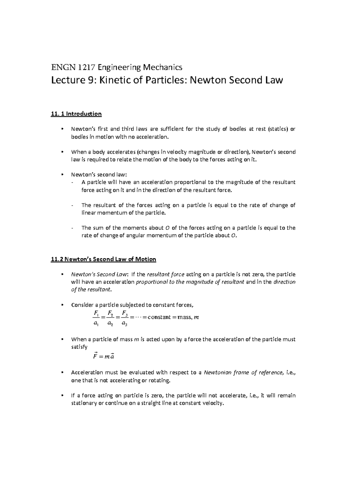 Lecture 09 Newtons Second Law - ENGN 1217 Engineering Mechanics Lecture 9: Kinetic of Particles ...