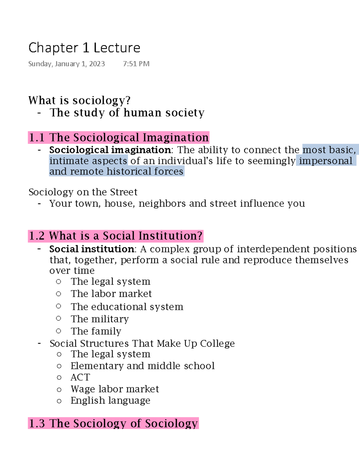 Chapter 1 Lecture - Dennis Bledsoe - What is sociology? - The study of ...
