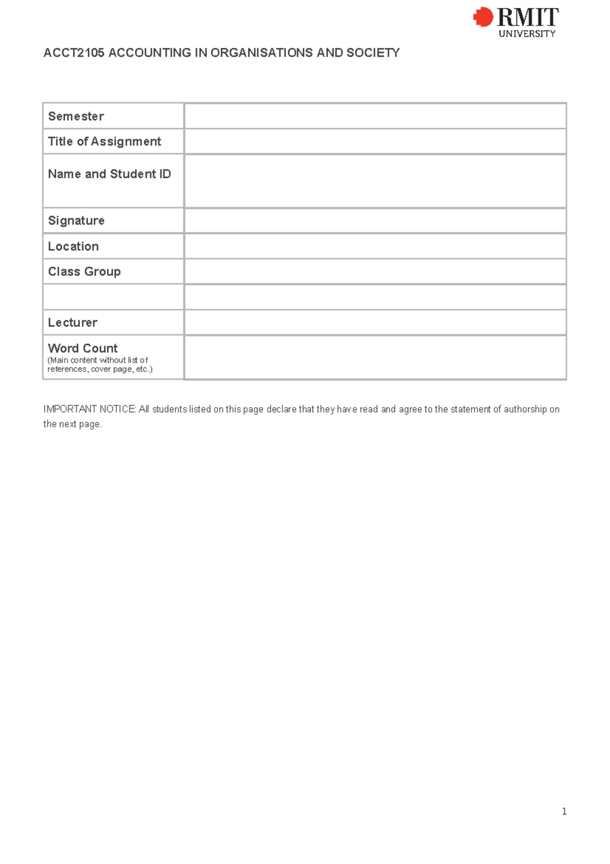 Assignment Cover Page and Statement of Authorship - ACCT2105 ACCOUNTING ...
