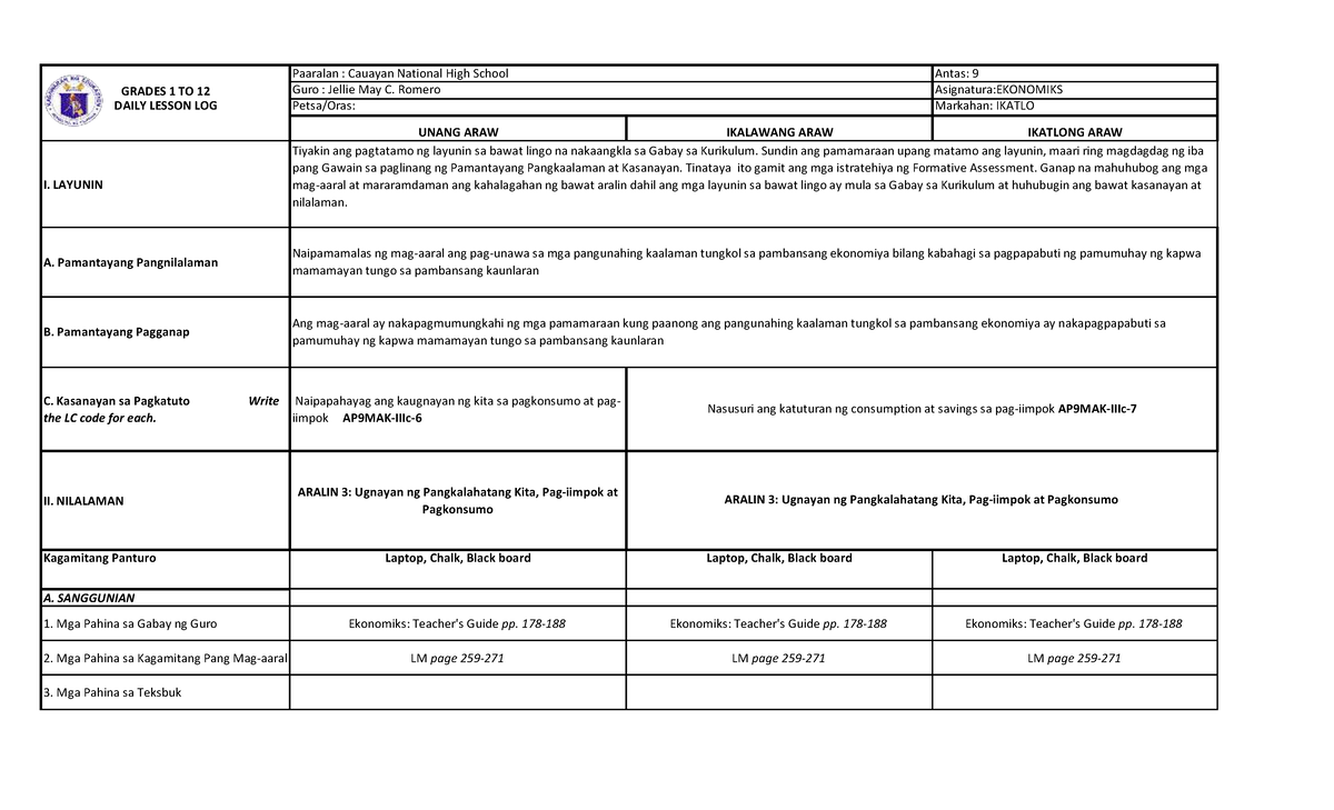 Lesson Plan/ DLL - GRADES 1 TO 12 DAILY LESSON LOG Paaralan : Cauayan ...