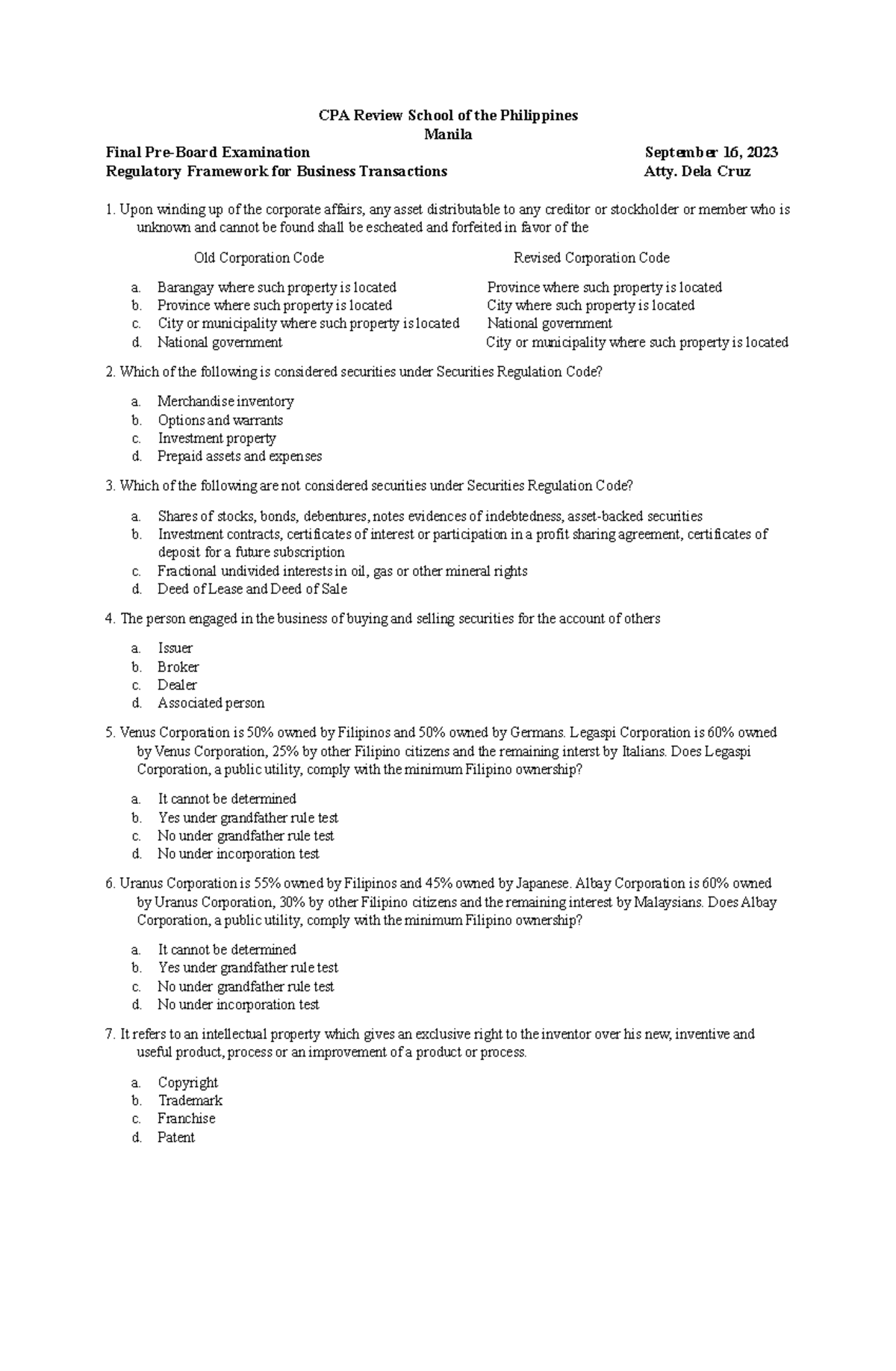 CPAR B94 RFBT Final PB Exam - Questions - CPA Review School of the ...