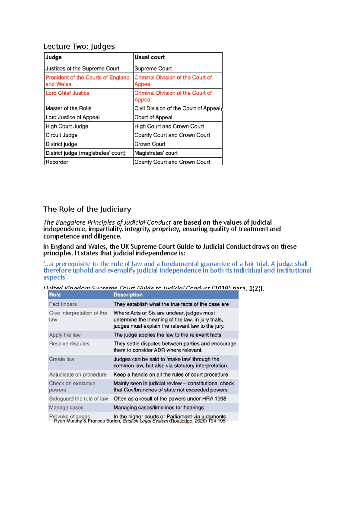 Lecture Two - law - Lecture Two: Judges Judicial Hierarchy Judicial ...