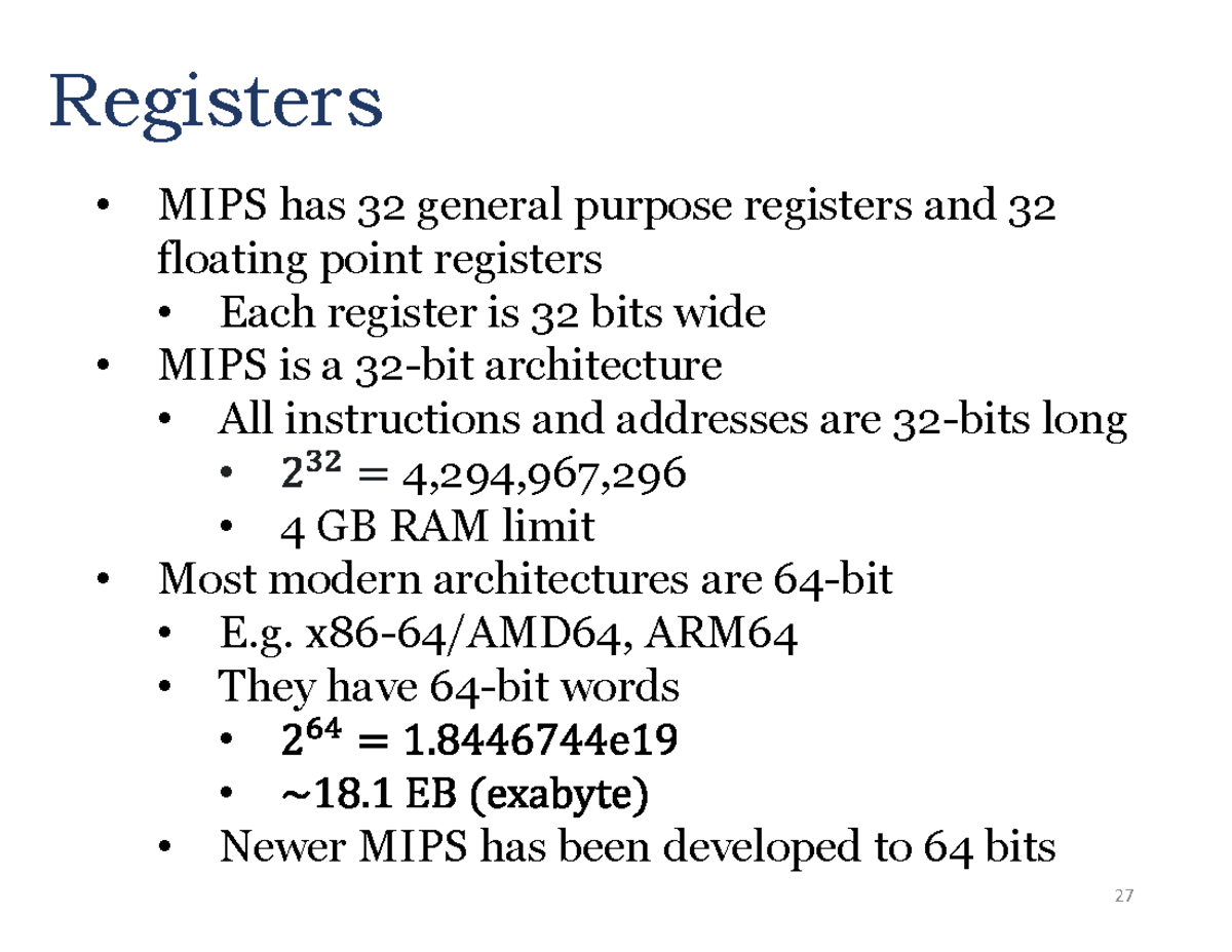 2 arch mips prelecture ii - Registers • MIPS has 32 general purpose registers and 32 floating ...