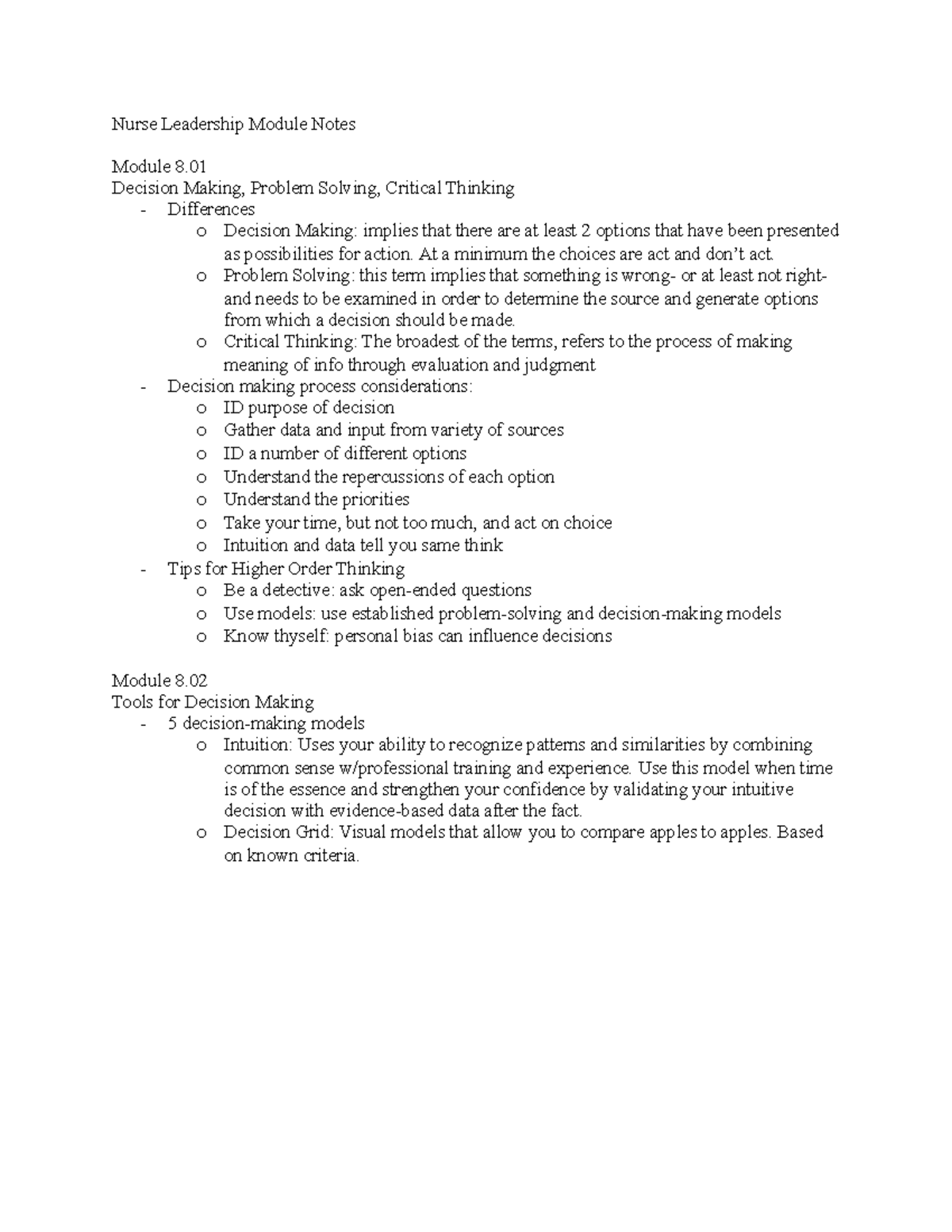 Nurse Leadership Module Notes - Nurse Leadership Module Notes Module 8 ...