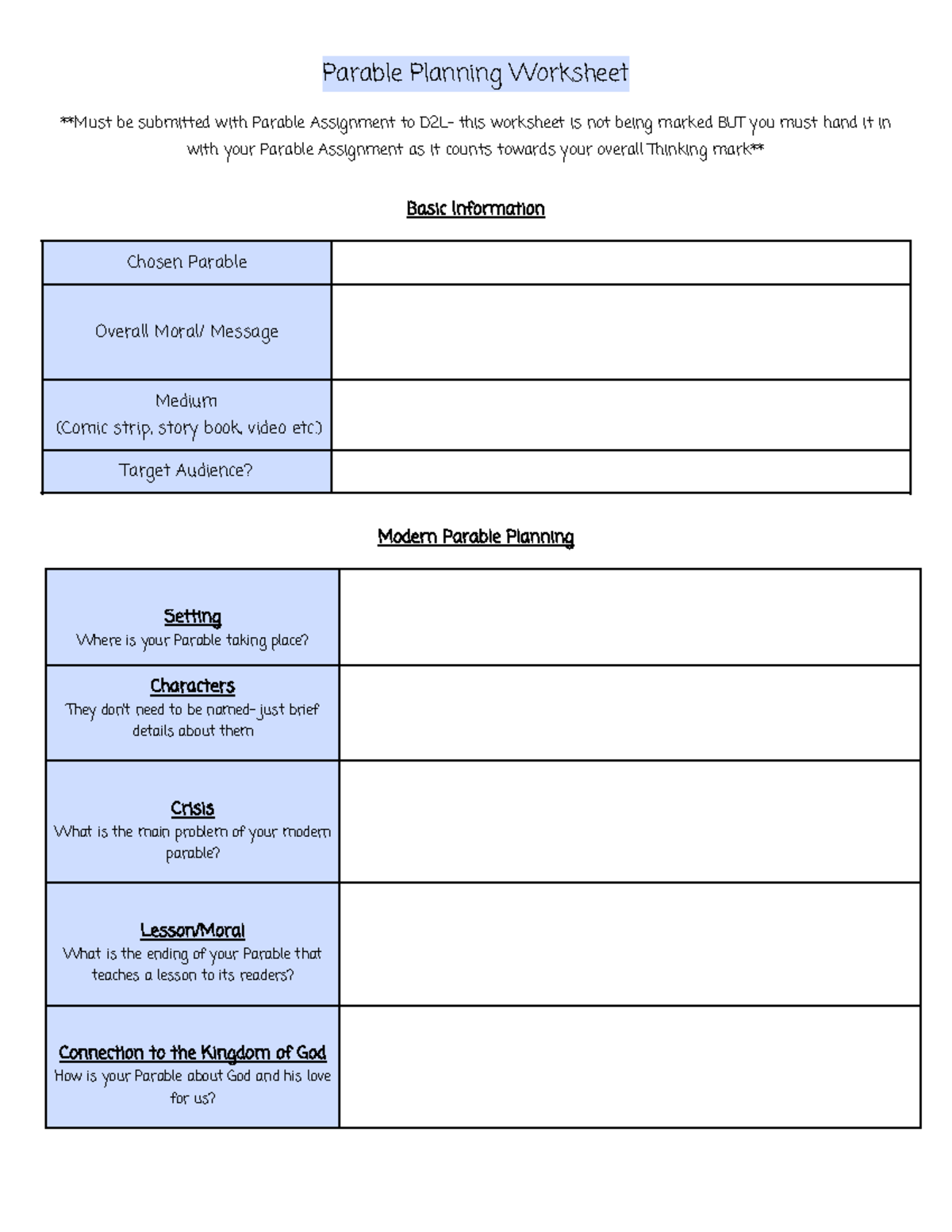 Parable Planning Worksheet - Parable Planning Worksheet **Must be ...