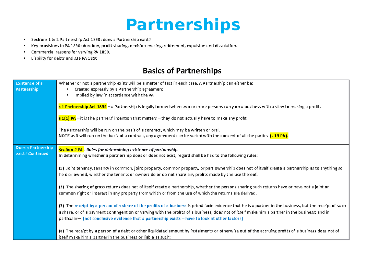 Partnership notes - Partnerships Sections 1 & 2 Partnership Act 1890 ...