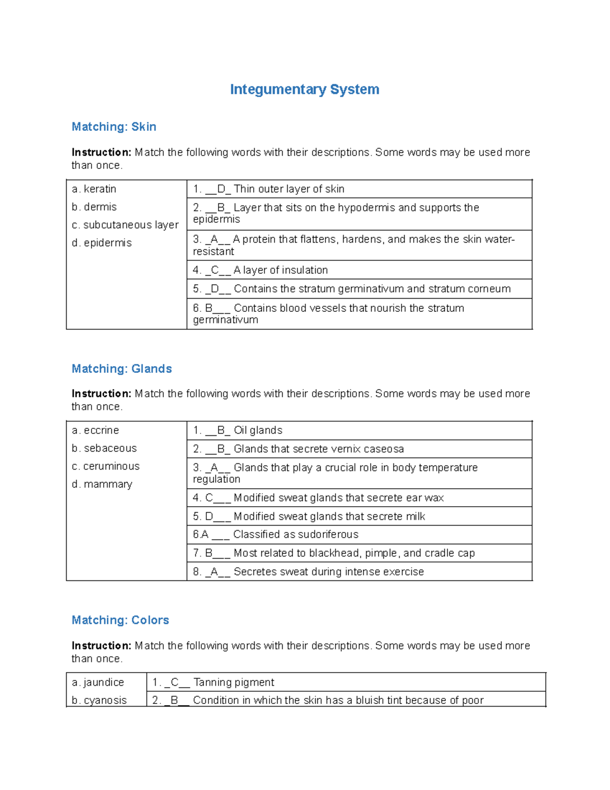 Wk2 integ system - n/a - Integumentary System Matching: Skin ...
