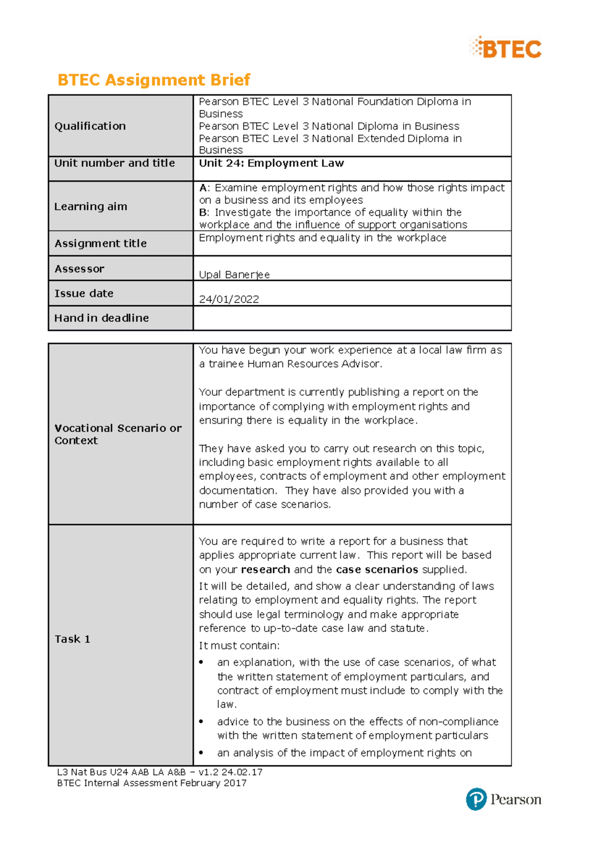 Assignment 1 - 222.44.66 - BTEC Assignment Brief Qualification Pearson ...