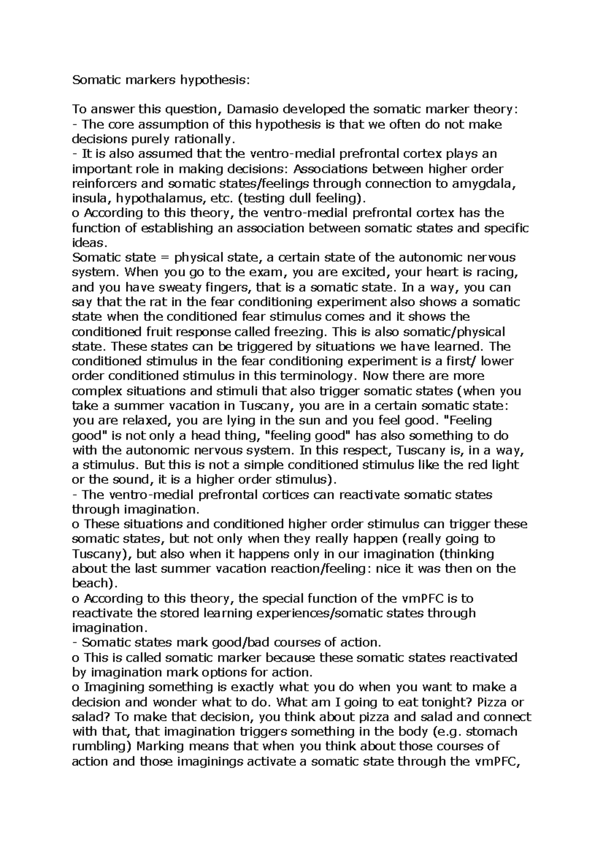 Somatic markers hypothesis - It is also assumed that the ventro-medial ...