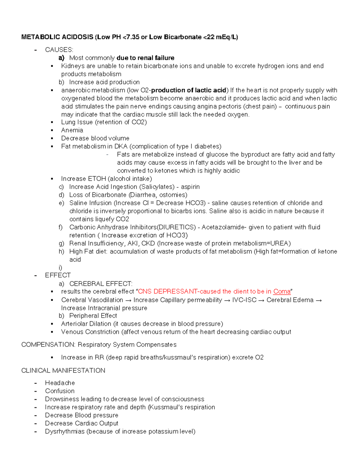 Metabolic ACID - METABOLIC ACIDOSIS (Low PH