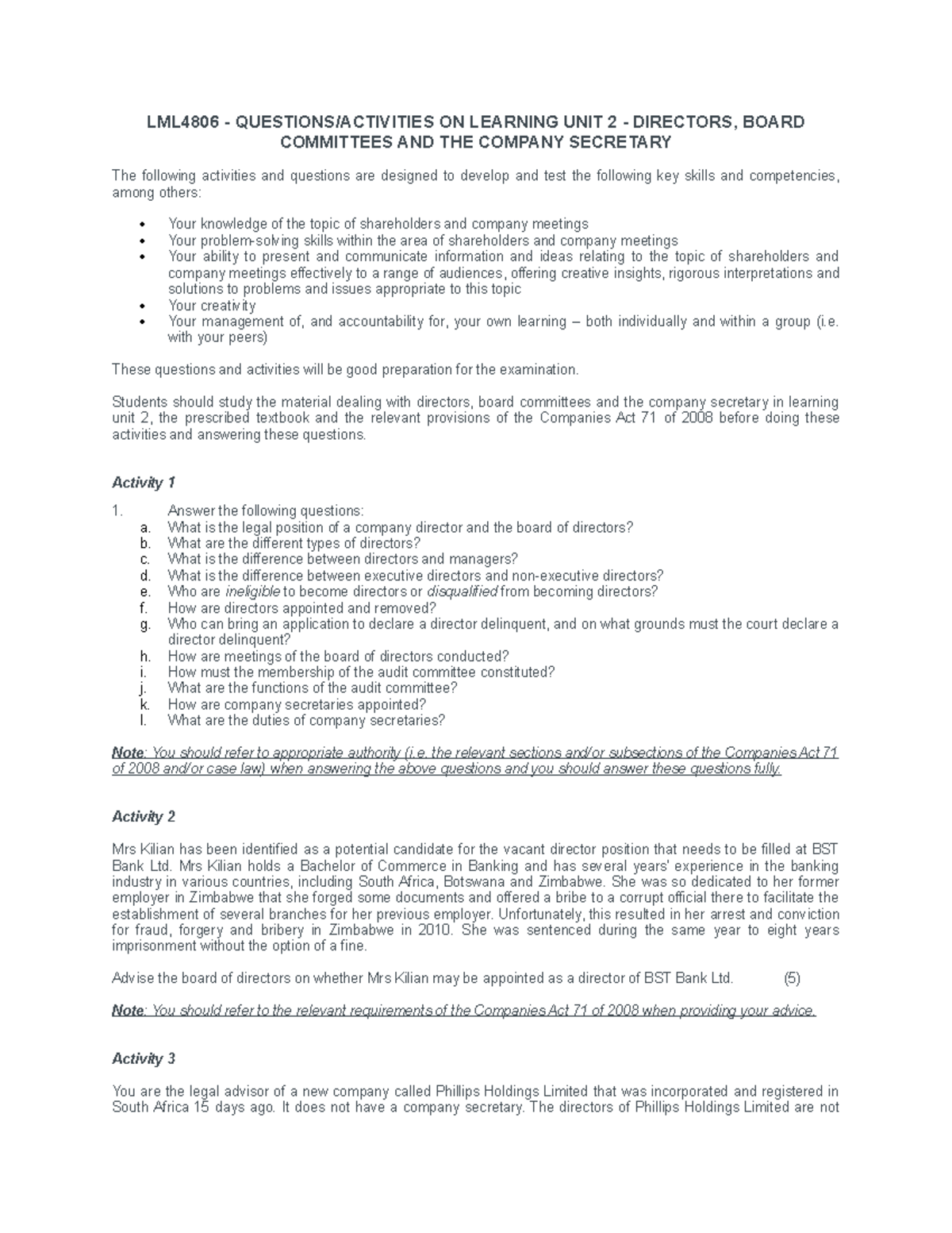 Learning UNIT 2 - Directors, Board Committees AND THE Company Secretary ...