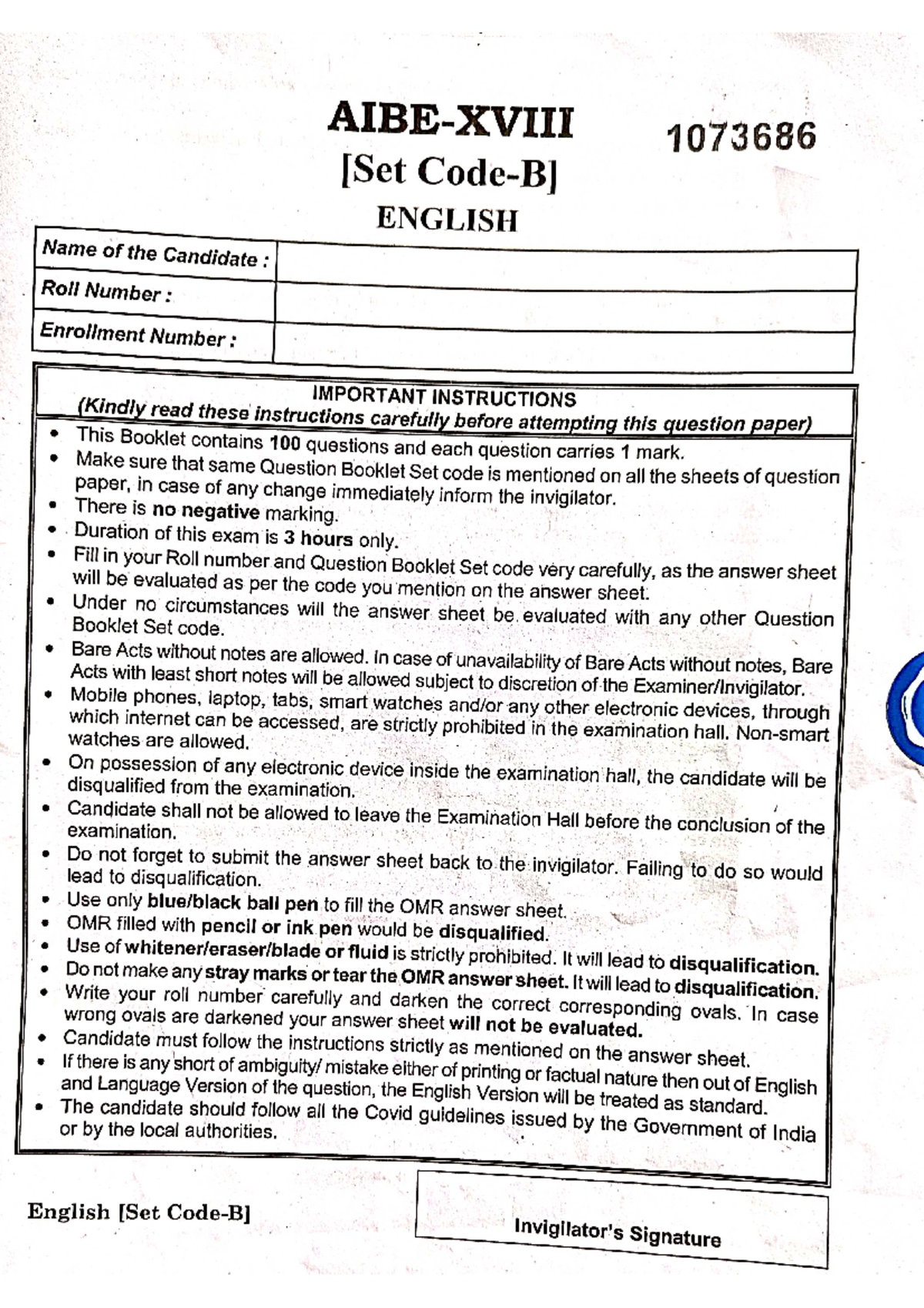 AIBE 18 SET B with Answer Key - Set Code-B Answer Key Set Code-B Answer ...