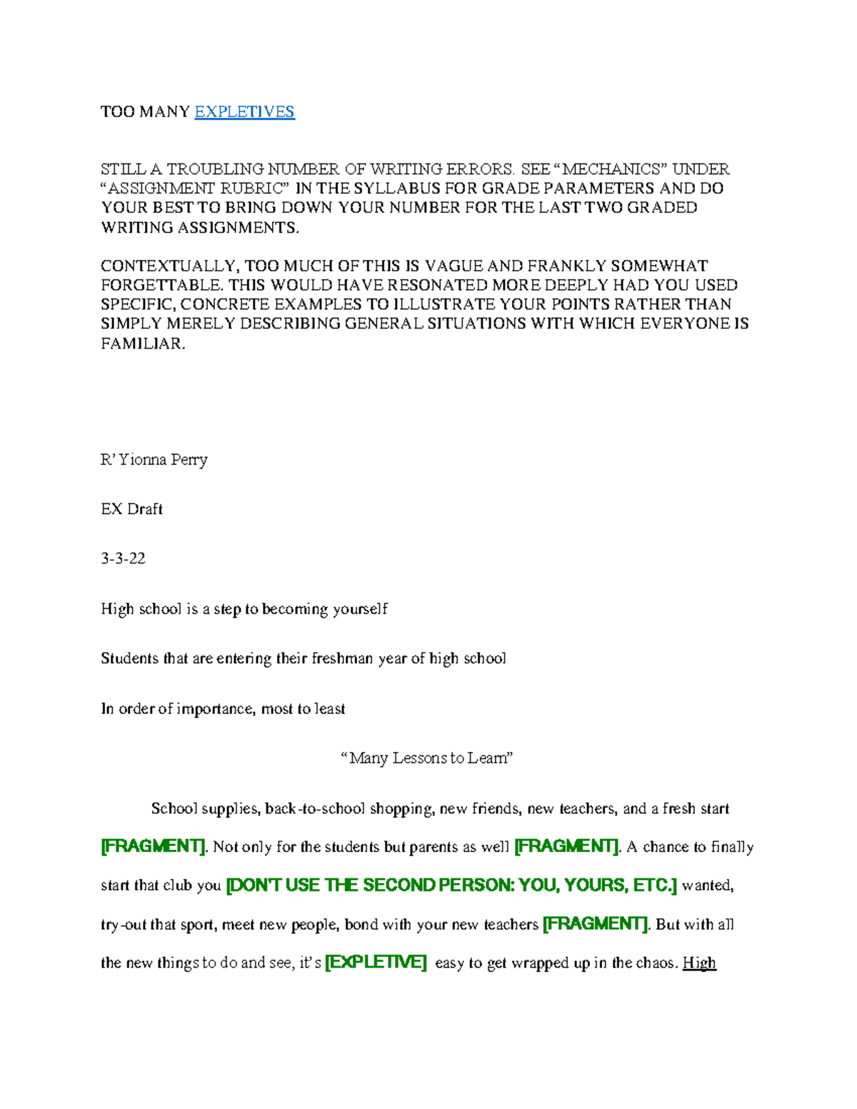Exemplification essay Corrections - TOO MANY EXPLETIVES STILL A ...