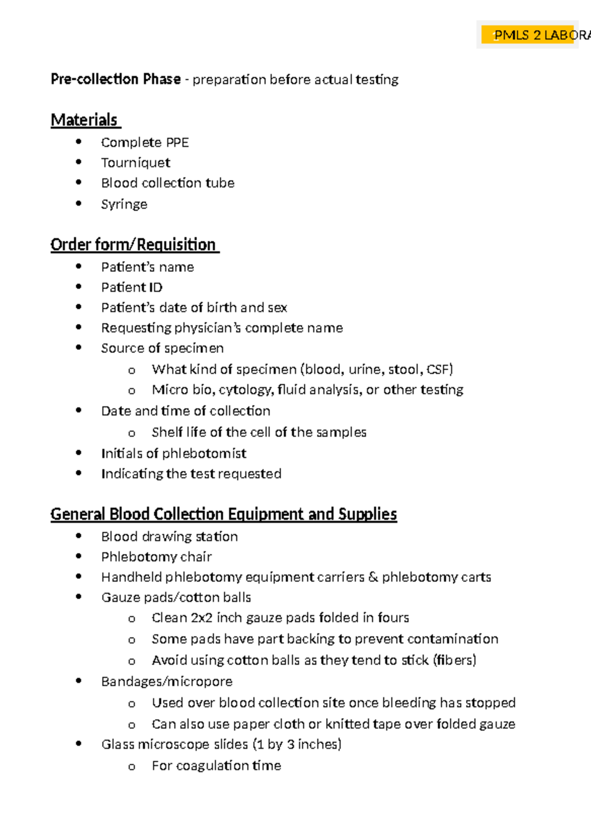 PMLS 2 Laboratory Notes Midterms - 1 PMLS 2 LABORA Pre-collection Phase ...