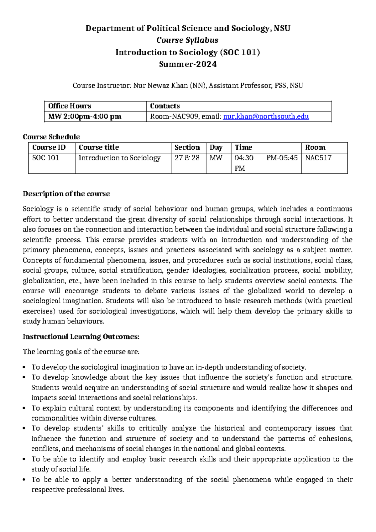 SOC101 course outline NN 2024 - Department of Political Science and ...