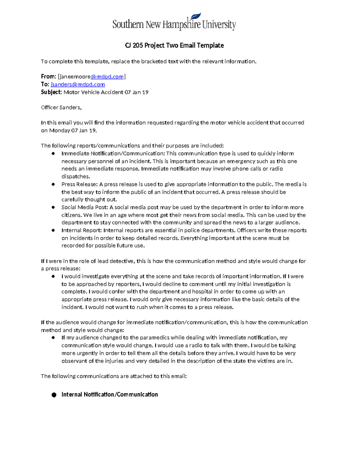CJ 205 Project Two Email Template - From: [janeemoore@mdpd] To ...