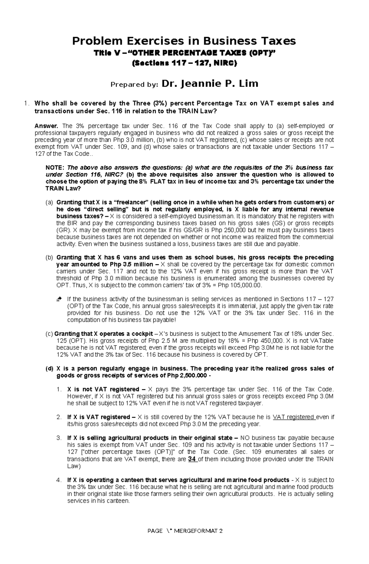 2024 Problem Exercises in Business Taxes - Problem Exercises in Business Taxes Title V – “OTHER ...