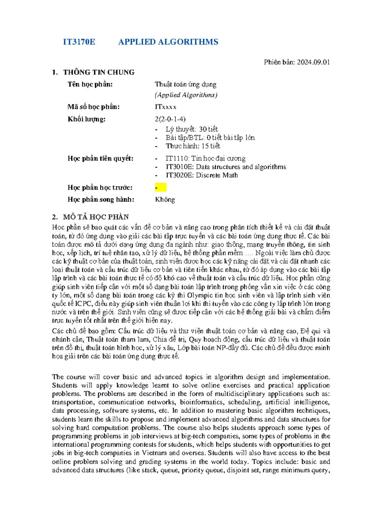 IT3170E-Applied-Algorithms - IT 3170 E APPLIED ALGORITHMS Phiên bản: 20 24. 09. 01 THÔNG TIN ...