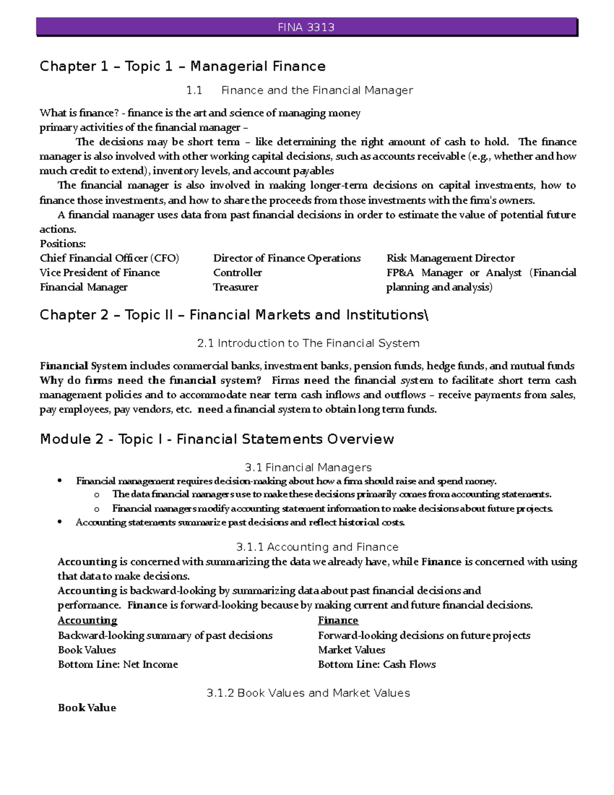 FINA Notes - Chapter 1 – Topic 1 – Managerial Finance 1 Finance and the ...
