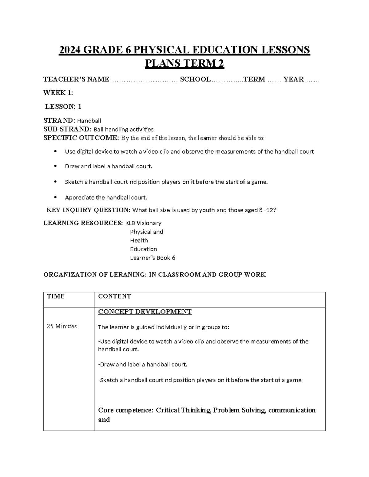 Susan Grade 6 Physical Education Lessons PLAN TERM 2 - 2024 GRADE 6 ...