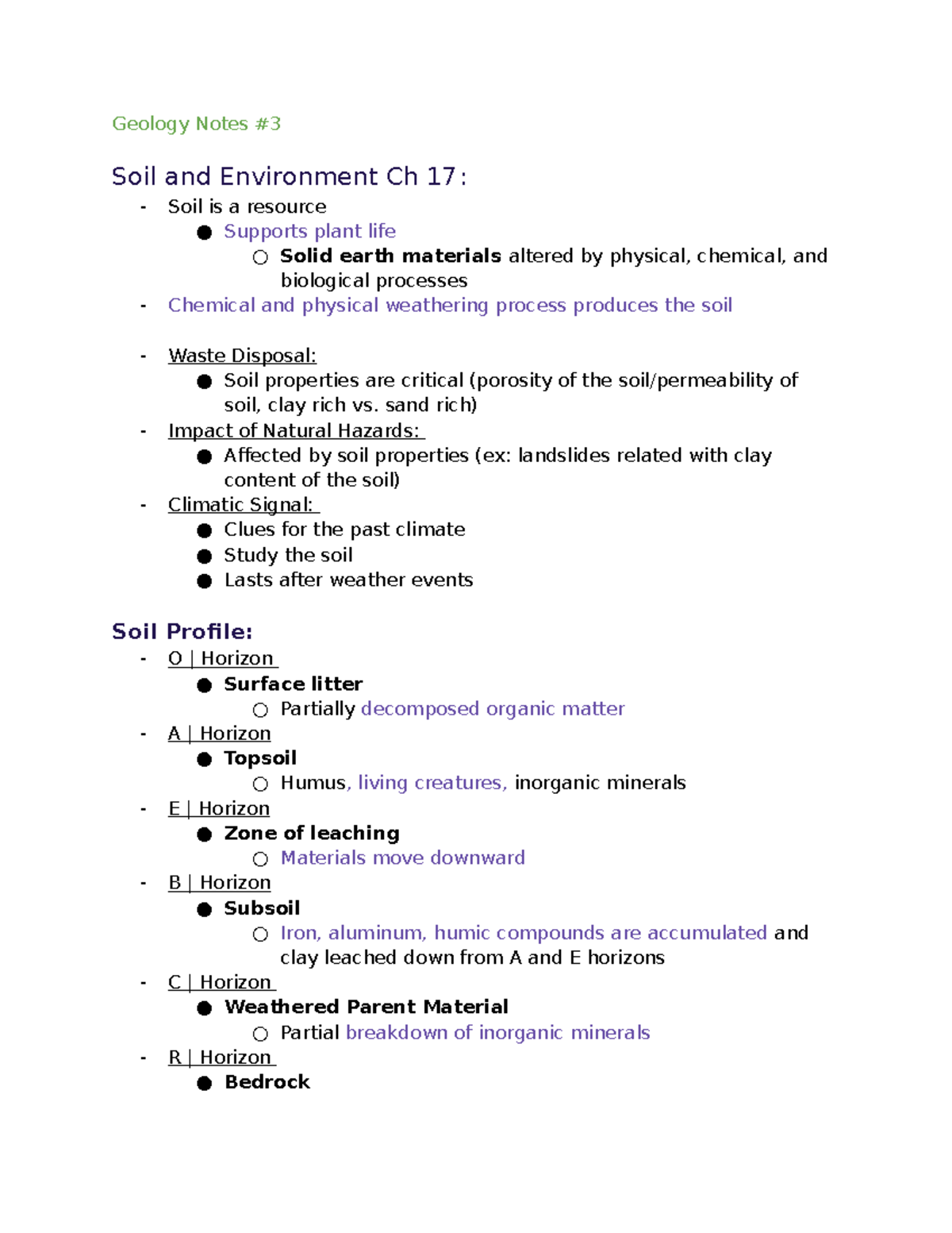 Geology Notes #3 - Geology Notes # Soil and Environment Ch 17: Soil is ...