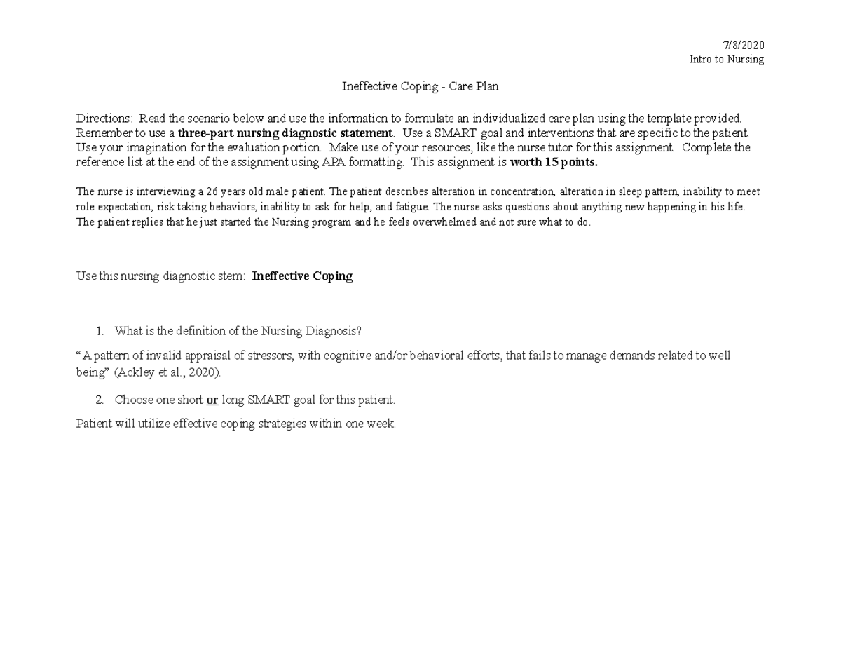 Ineffective Coping Care Plan - 7/8/ Intro to Nursing Ineffective Coping ...