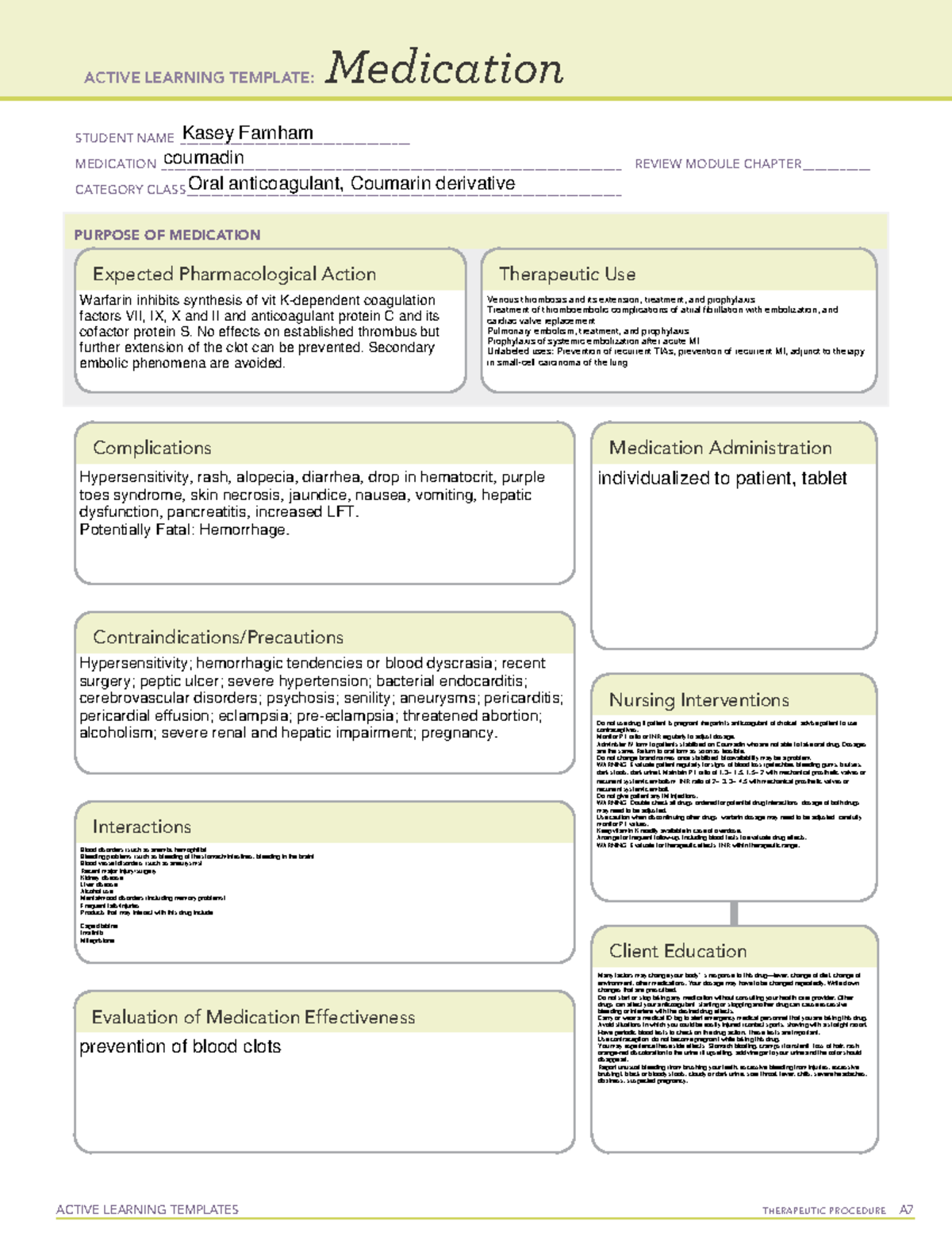 Coumadin - sim - ACTIVE LEARNING TEMPLATES TherapeuTic procedure A ...