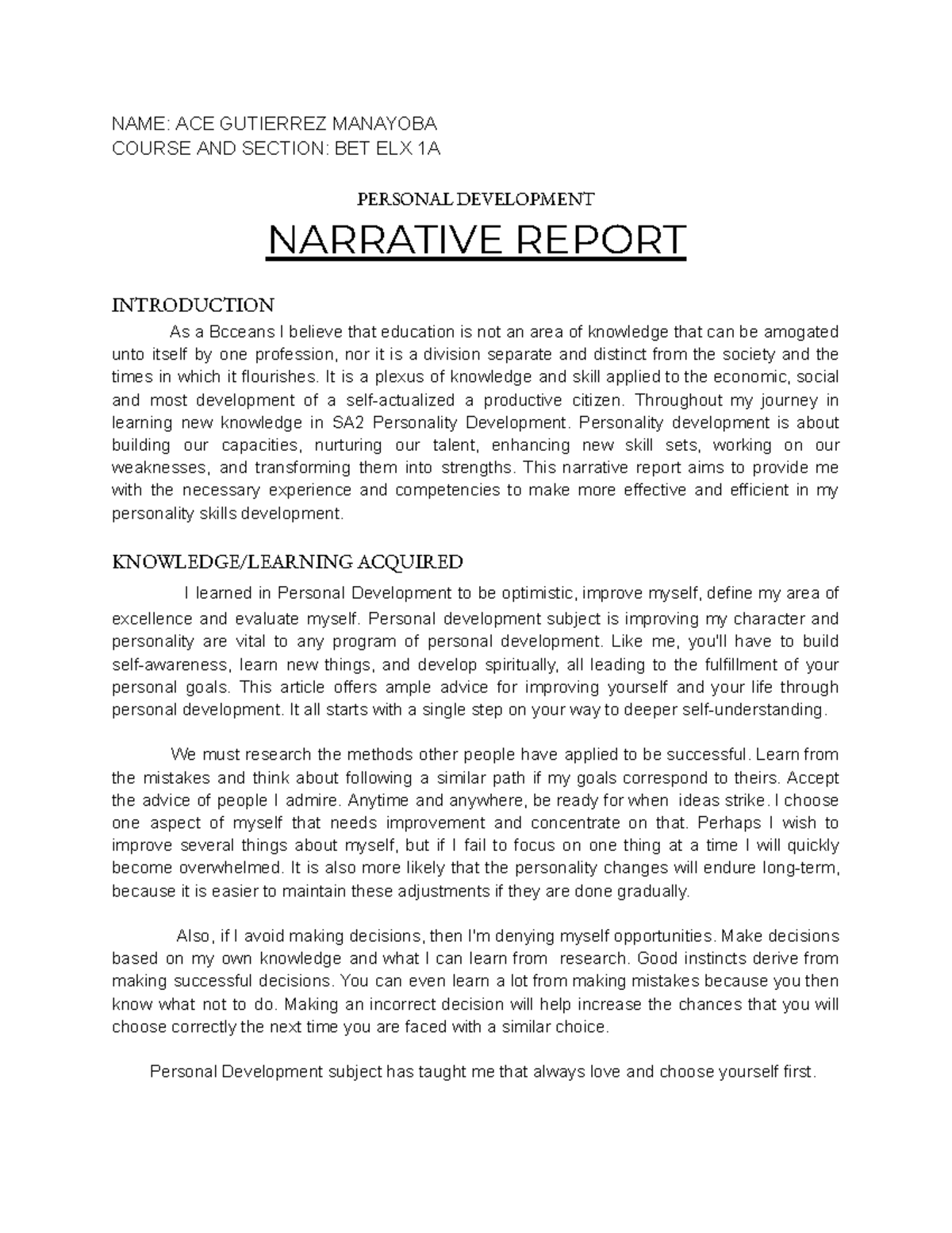 Narrative Report - NYAHAHAHH - NAME: ACE GUTIERREZ MANAYOBA COURSE AND ...