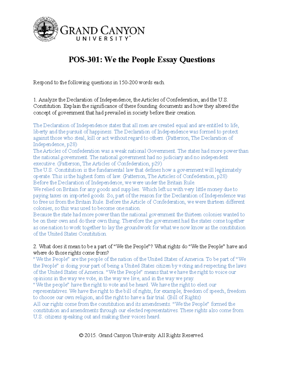 We are the People Worksheet - POS-301: We the People Essay Questions ...