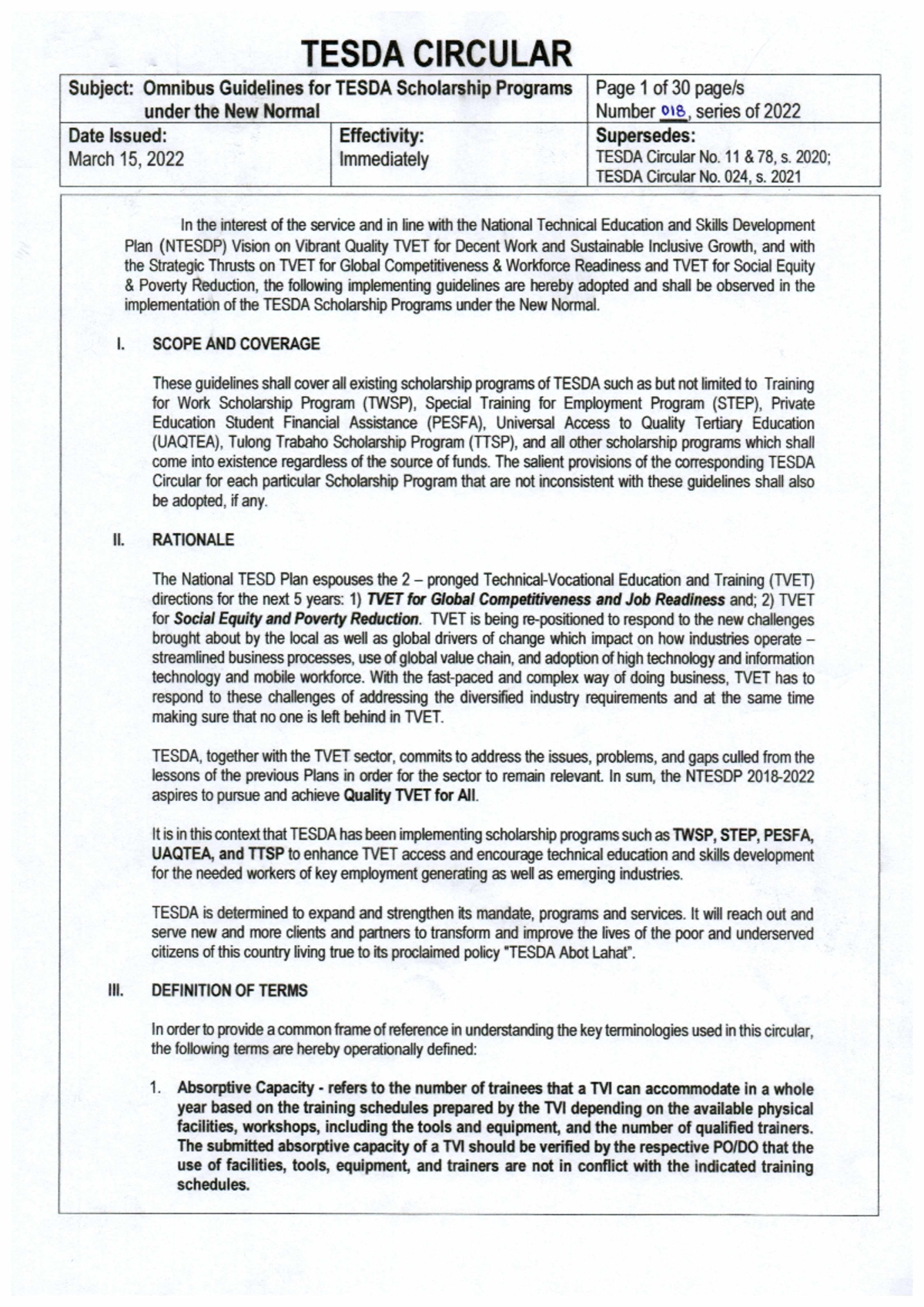 Circular of the subject - Subject: Omnibus Guidelines for TESDA ...