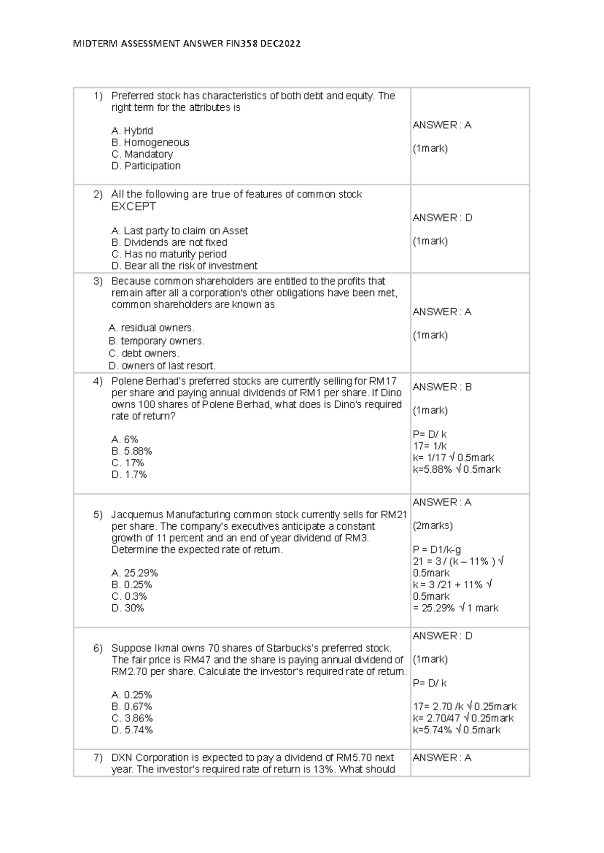 Midterm Assessment FIN358 DEC2022 Answer SET 1.docx - 1) Preferred ...