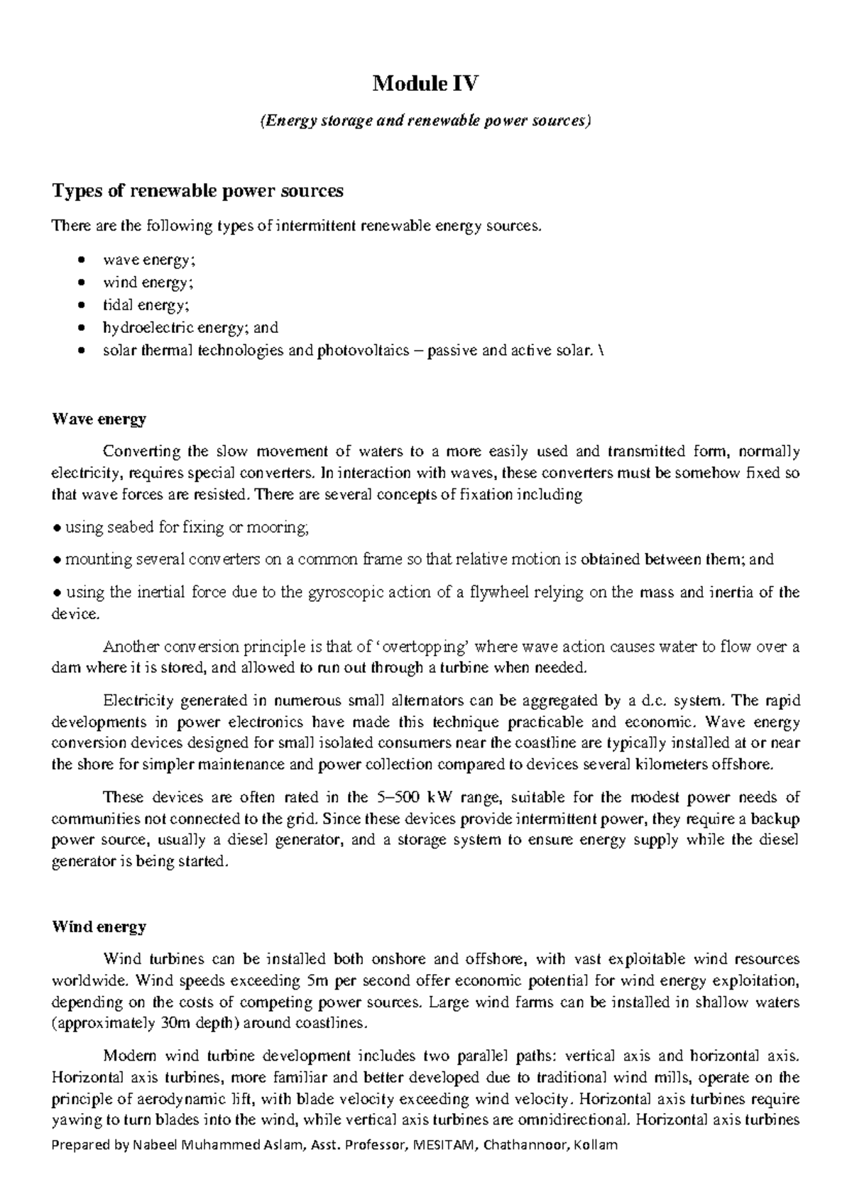 Module IV ESS - Notes - Module IV (Energy storage and renewable power ...
