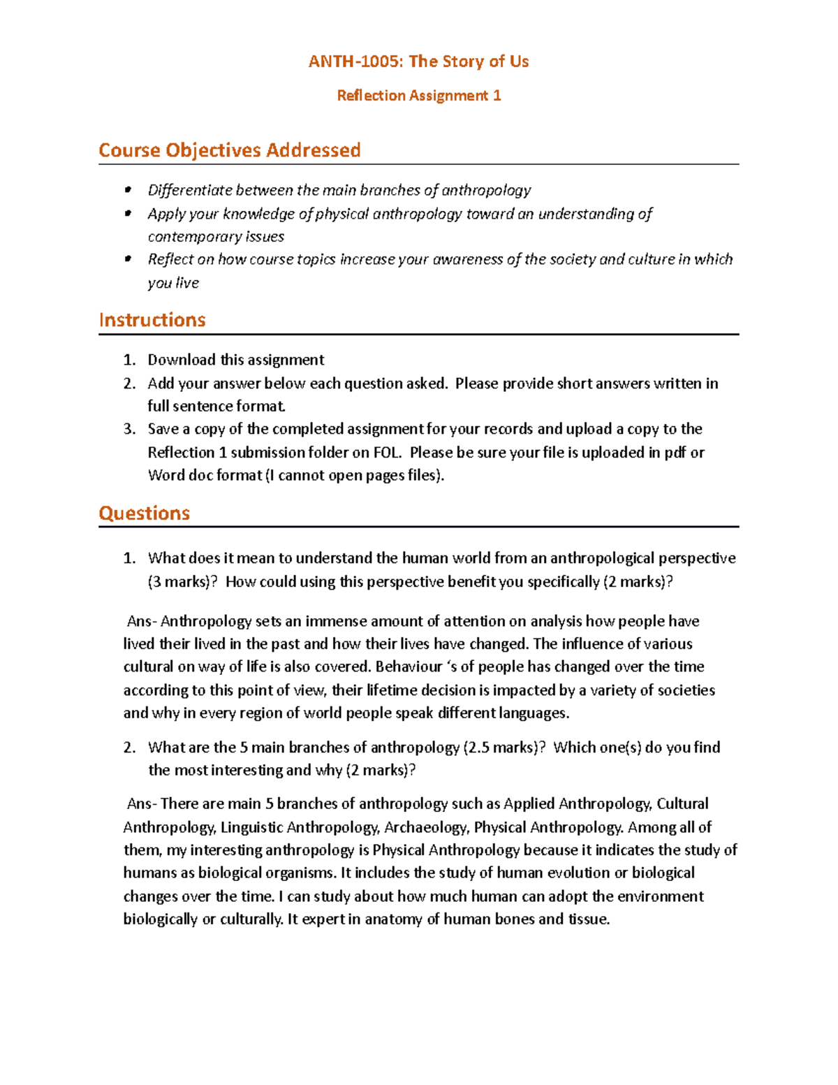 Reflection 1 - ANTH-1005: The Story of Us Reflection Assignment 1 ...
