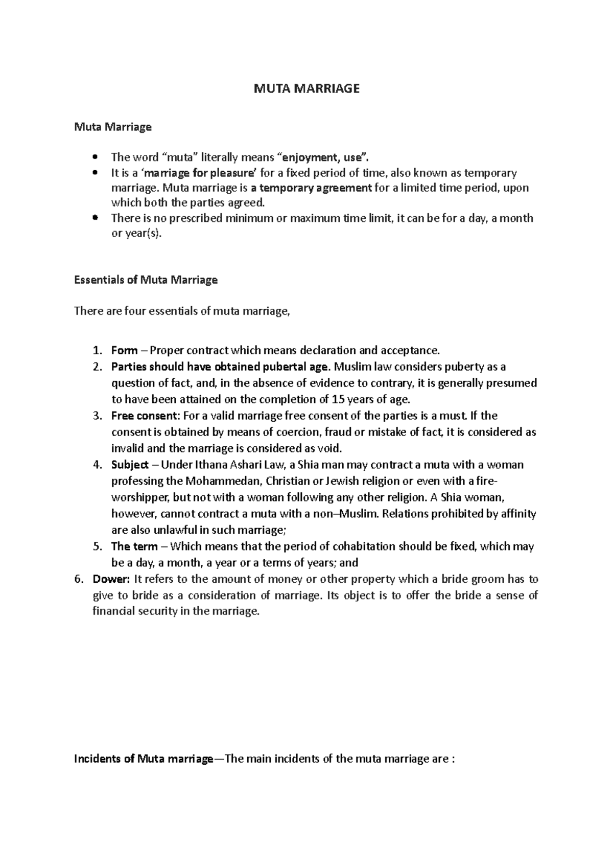 MUTA Marriage Notes - MUTA MARRIAGE Muta Marriage The word “muta ...