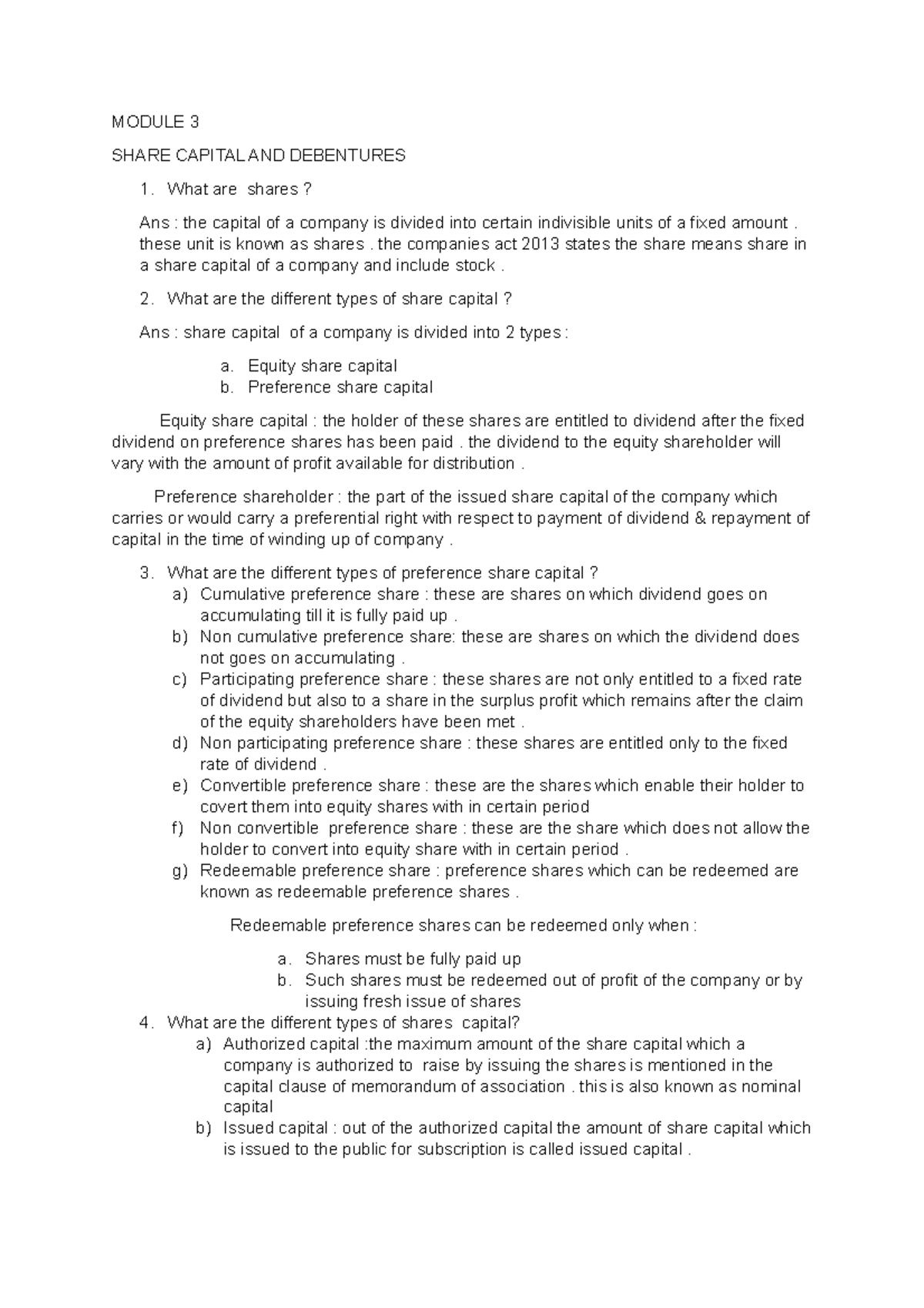 Cra mod3 - Cra module 3 notes - MODULE 3 SHARE CAPITAL AND DEBENTURES ...