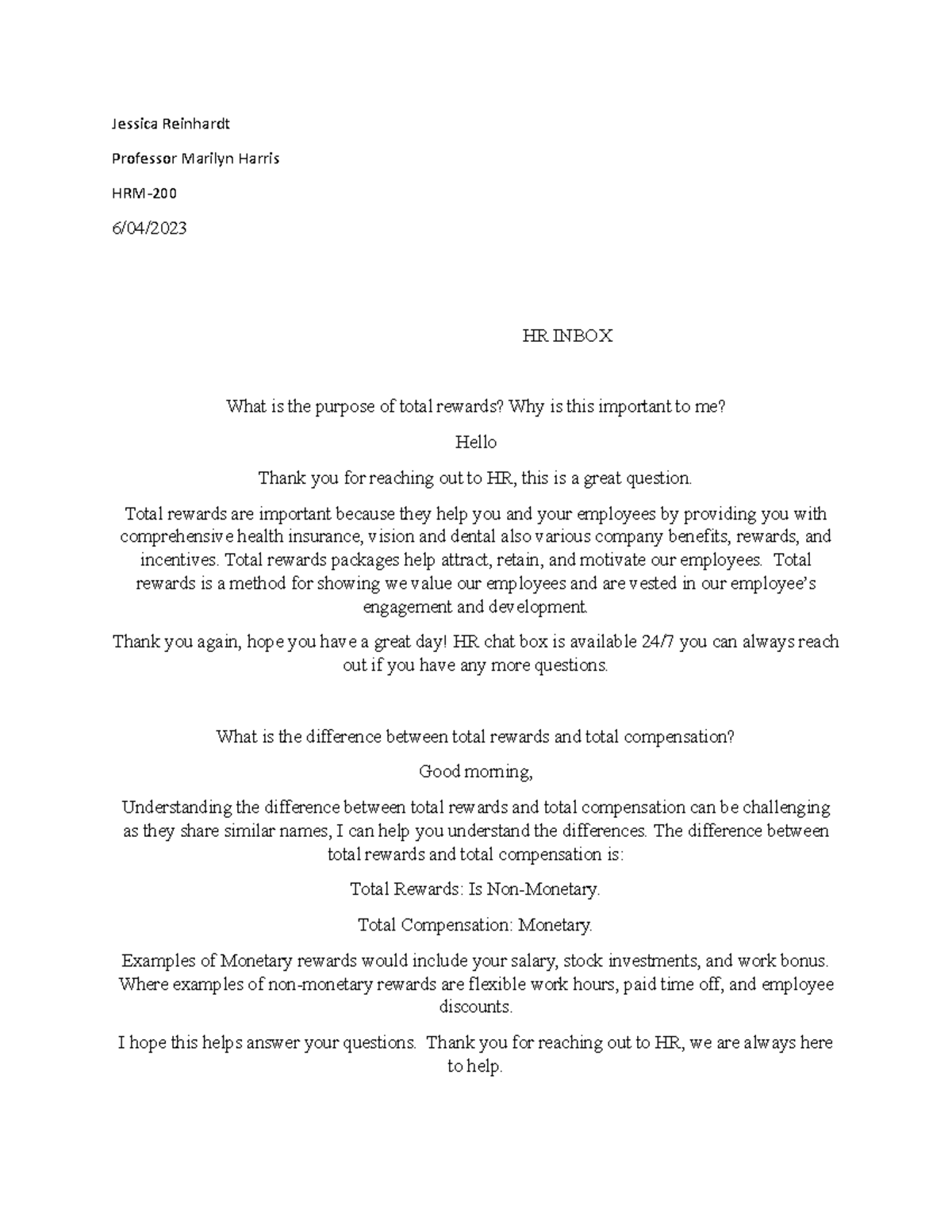 HR chat box 6 - hr chat bot 6 - Jessica Reinhardt Professor Marilyn ...