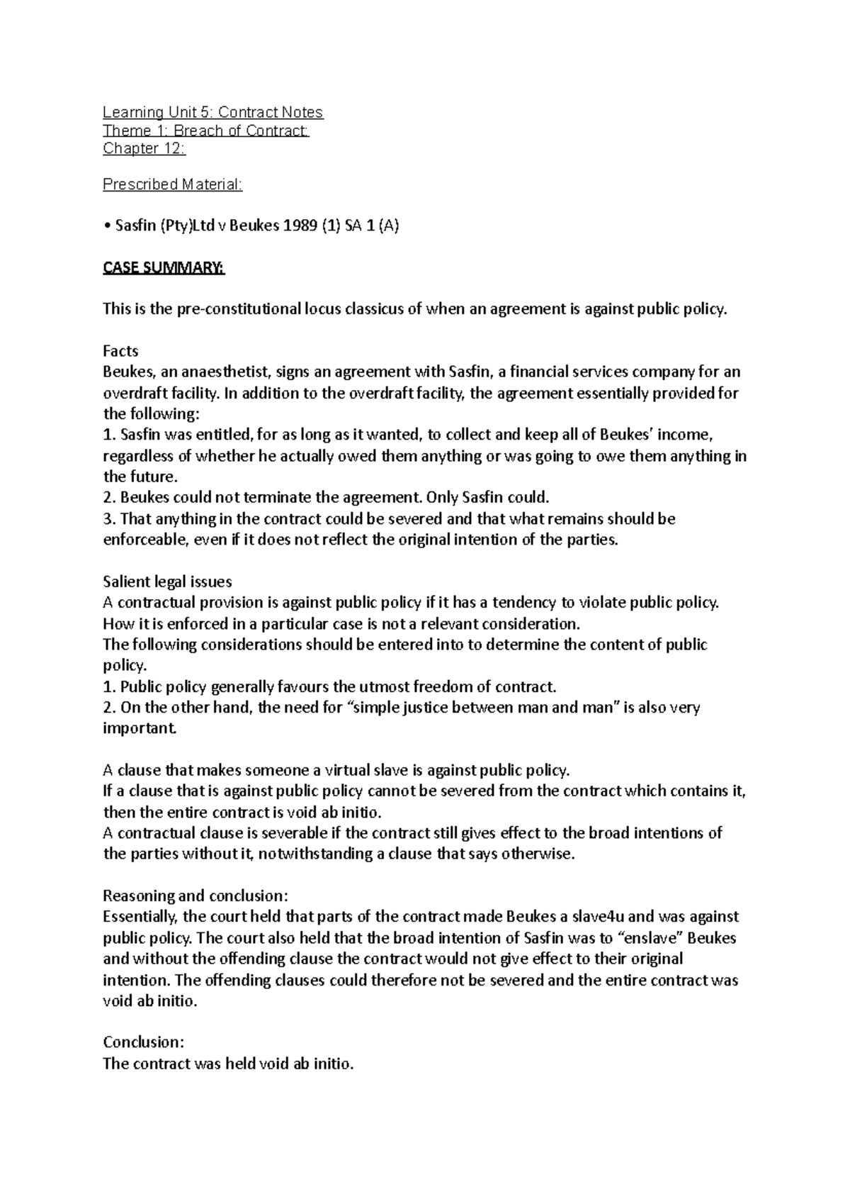 Contract Notes LU5 final - Learning Unit 5: Contract Notes Theme 1 ...