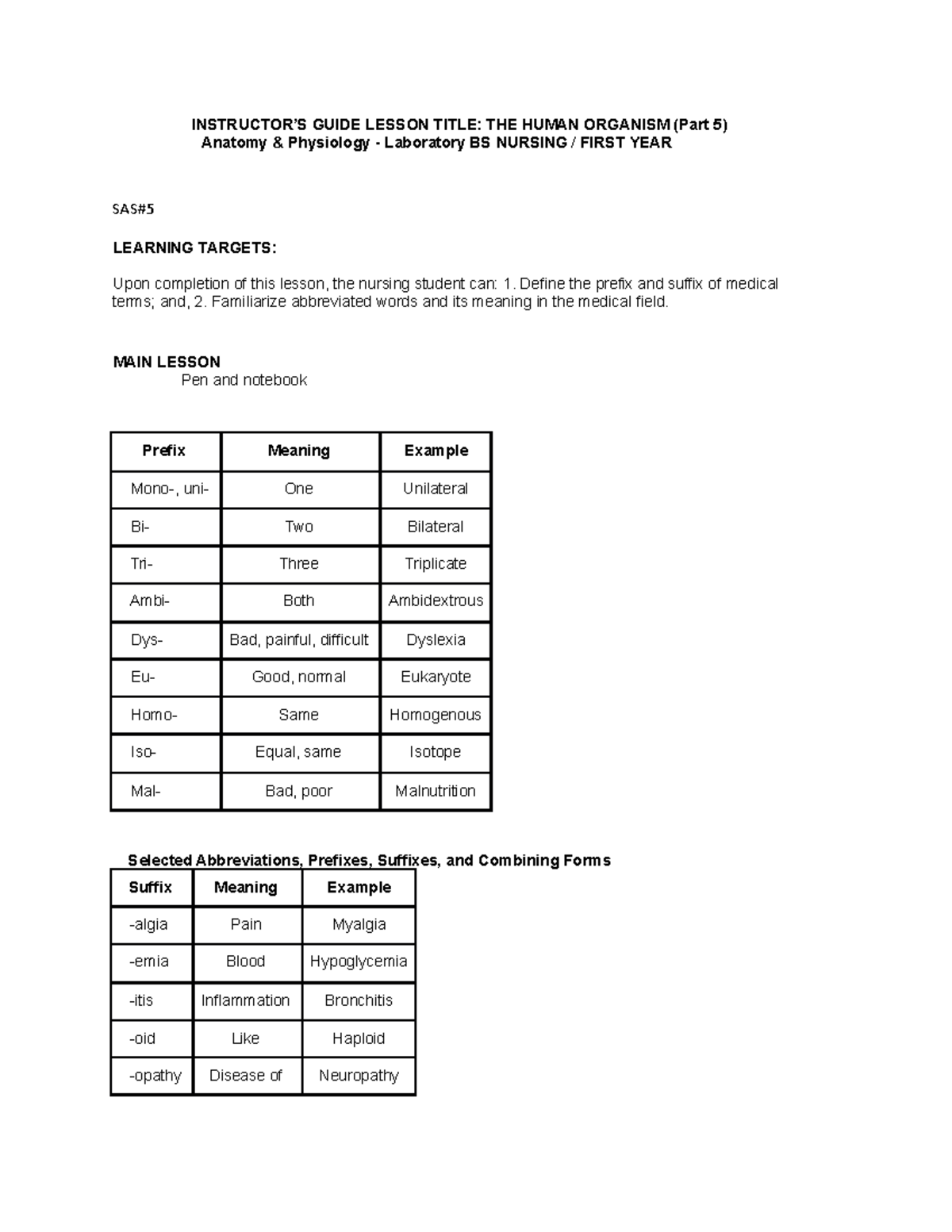 Anaphy LAB SAS 5 - INSTRUCTOR’S GUIDE LESSON TITLE: THE HUMAN ...