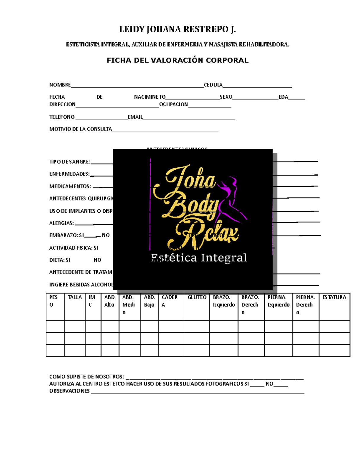 Ficha DEL Valoración Corporal - LEIDY JOHANA RESTREPO J. ESTETICISTA ...