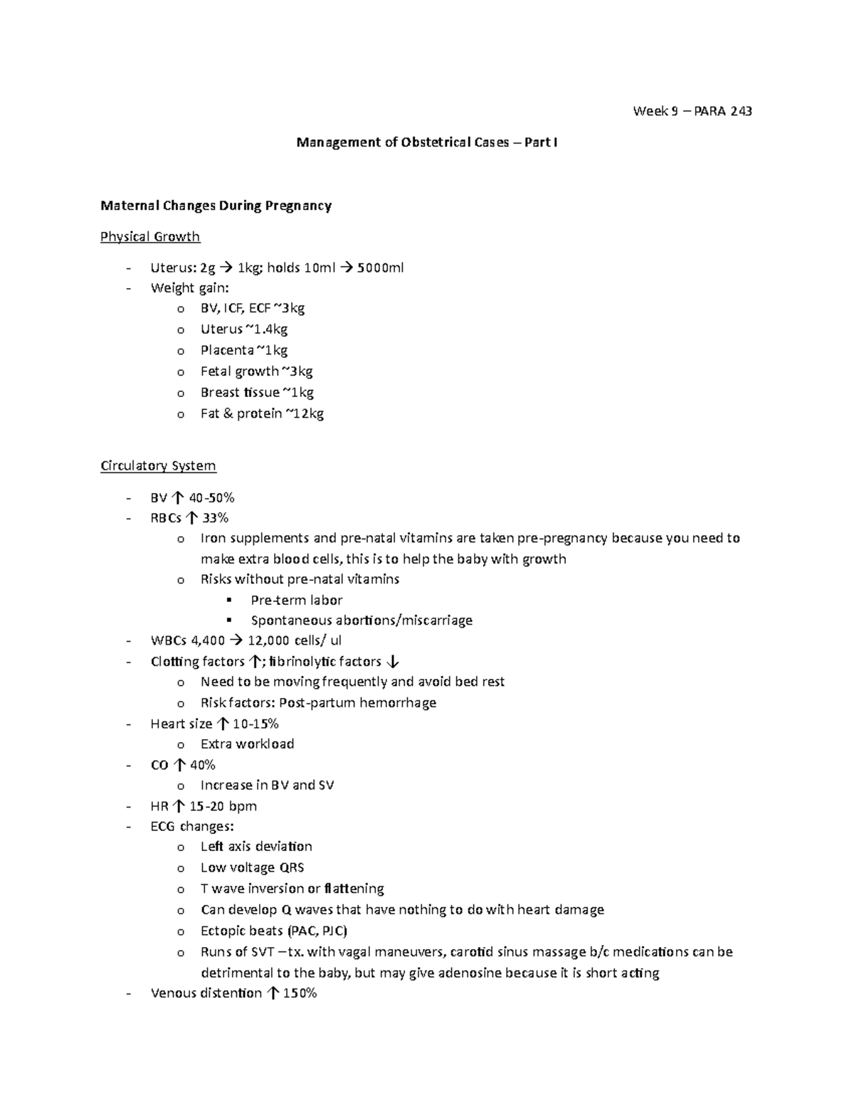 Week 10 Ob Part 1 Week 10 Part 1 Lecture Notes Week 9 Para 243 Management Of Obstetrical