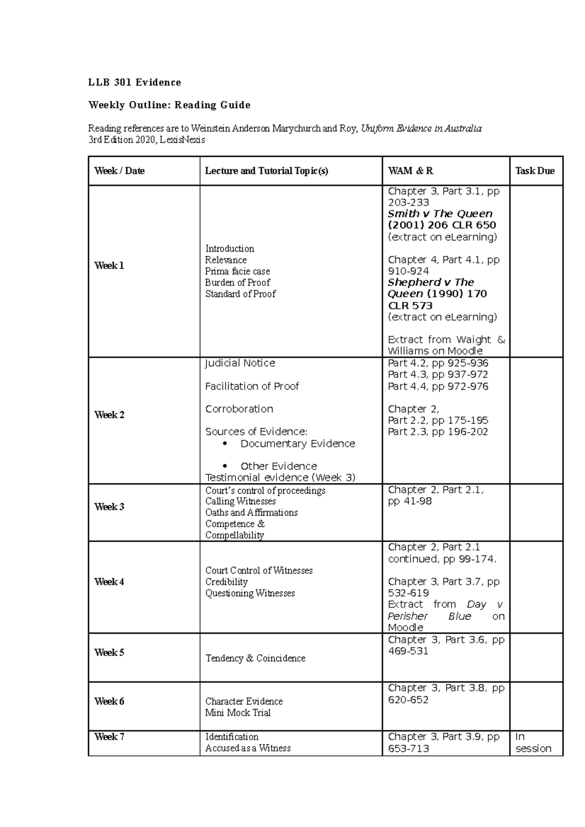 LLB 301 Reading Guide - L LB 301 E vid en ce We ek l y Ou tl i n e ...