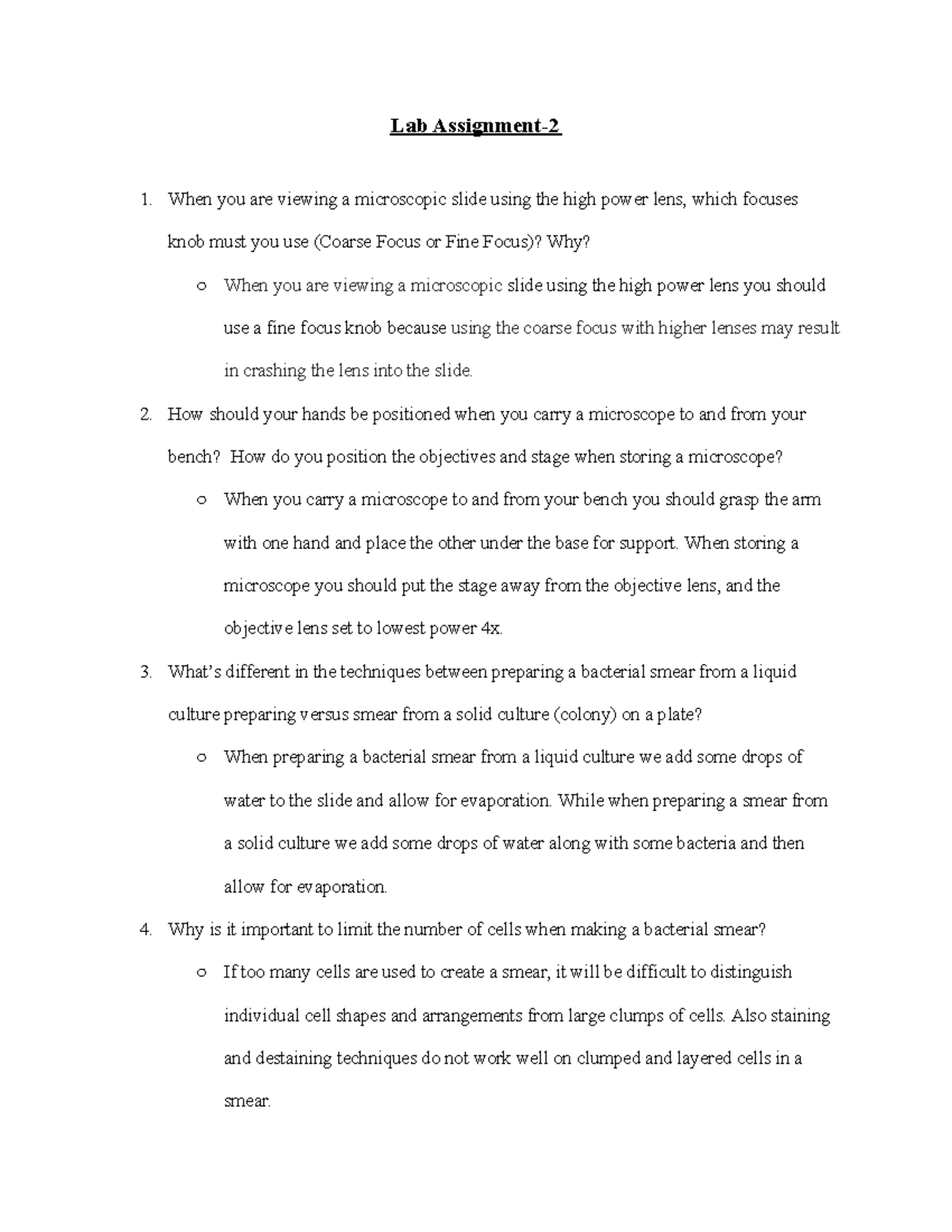 Microbiology - Lab Assignment 2 - Lab Assignment- When you are viewing a microscopic slide using ...
