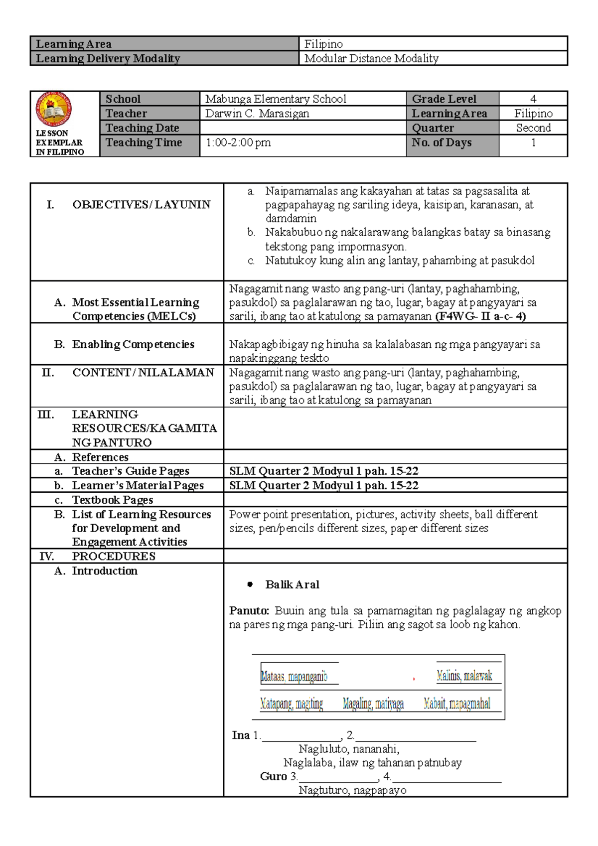 Lesson plan - n/a - Learning Area Filipino Learning Delivery Modality ...