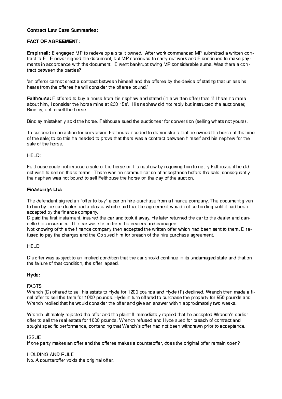 Contract CASE Summaries - Contract Law Case Summaries: FACT OF ...