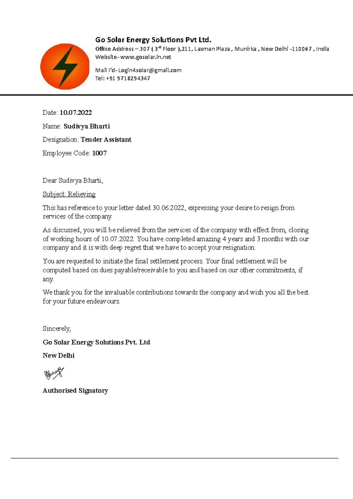 Relieving letter Go Solar Sudivya - Date: 10. Name: Sudivya Bharti ...